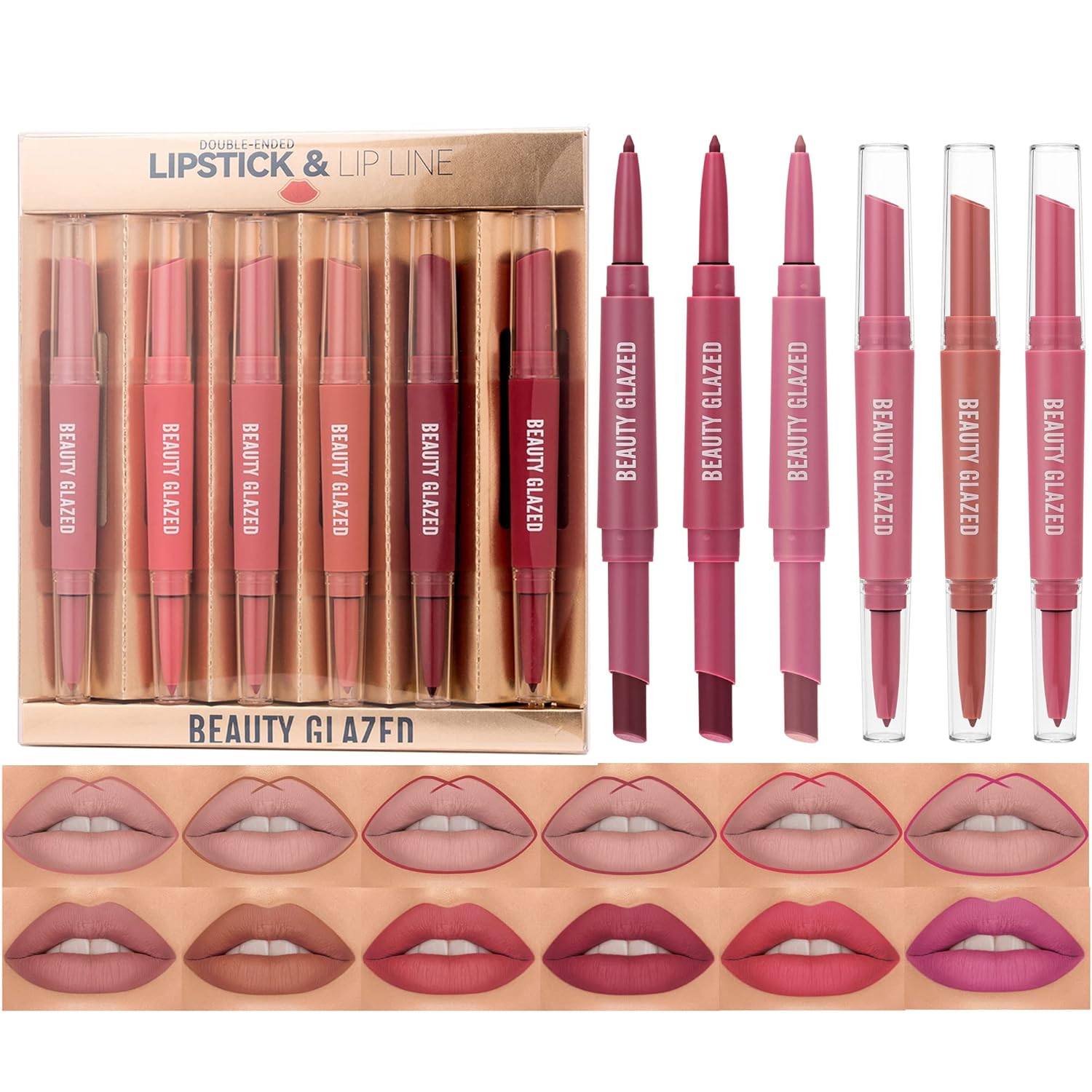 Amazon.com : Beauty Glazed Double Head Lipstick & Lip Liner Pens Set ...