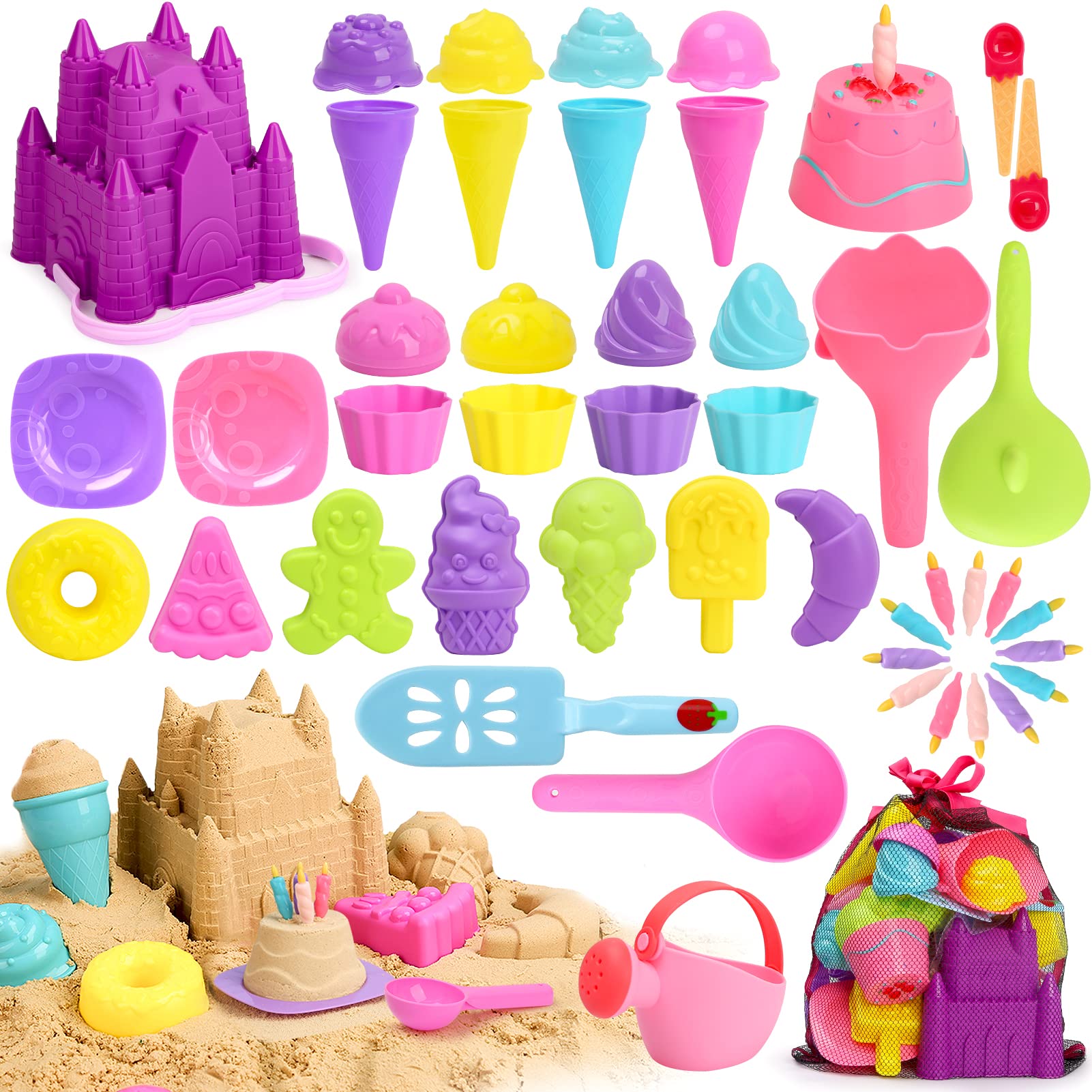 Joyreal Beach Sand Toys Set, 48 PCS Ice Cream & Castle Sand Beach Toys ...