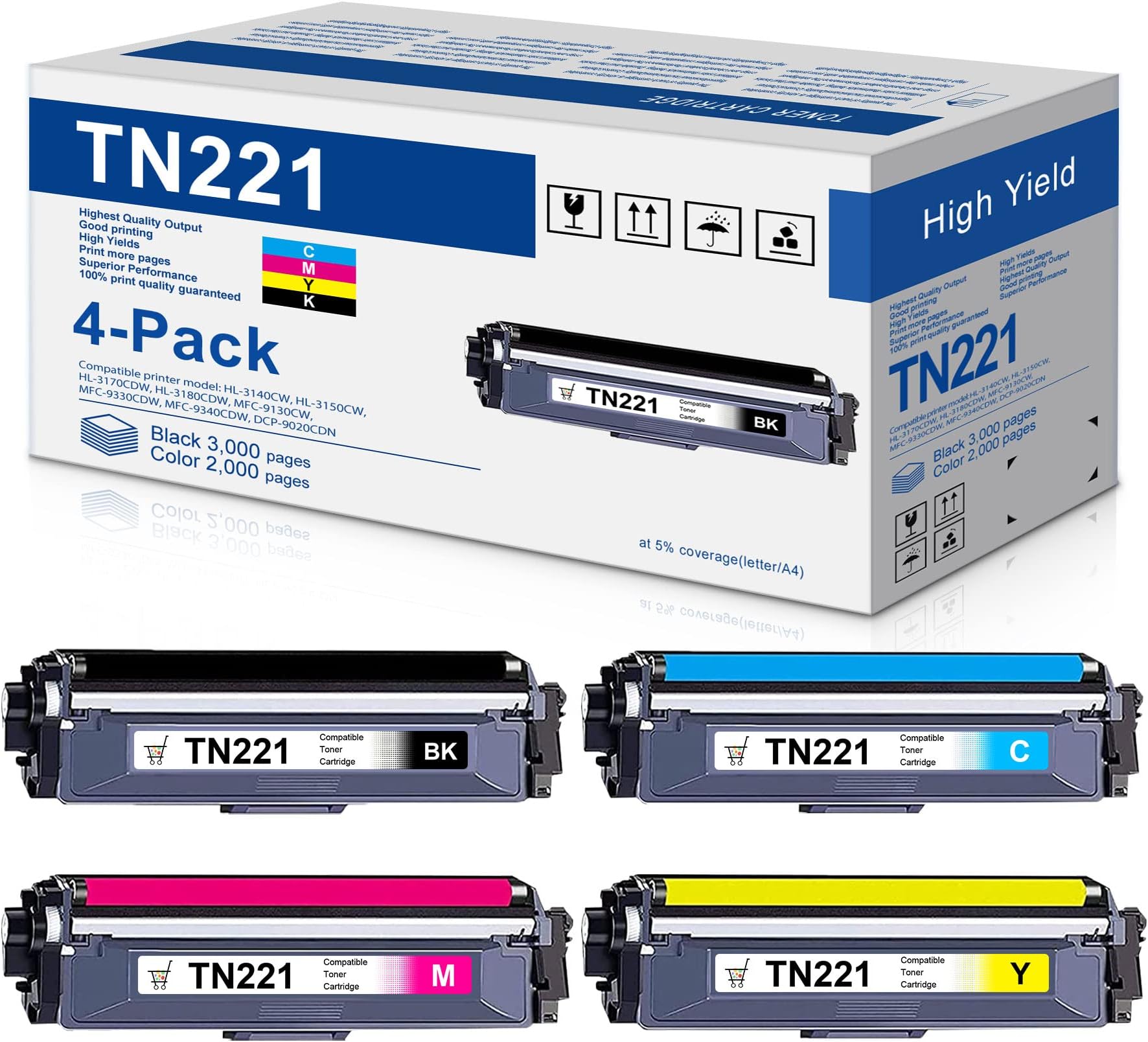Amazon.com: TN225 Toner Cartridge (4-Pack, BK/C/M/Y) Replacement for ...