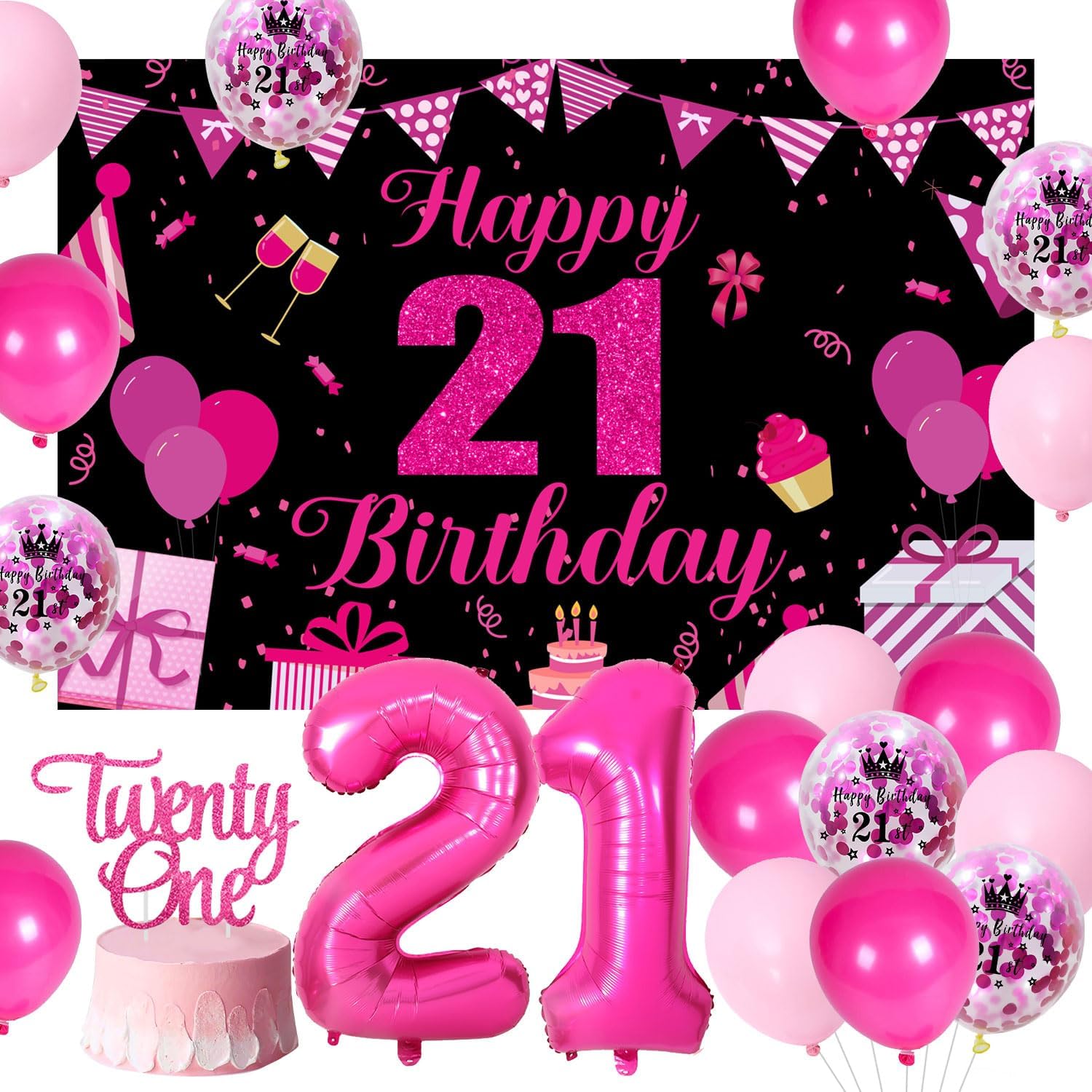 Amazon.com: 26Pcs Hot Pink and Black 21st Birthday Decorations for ...