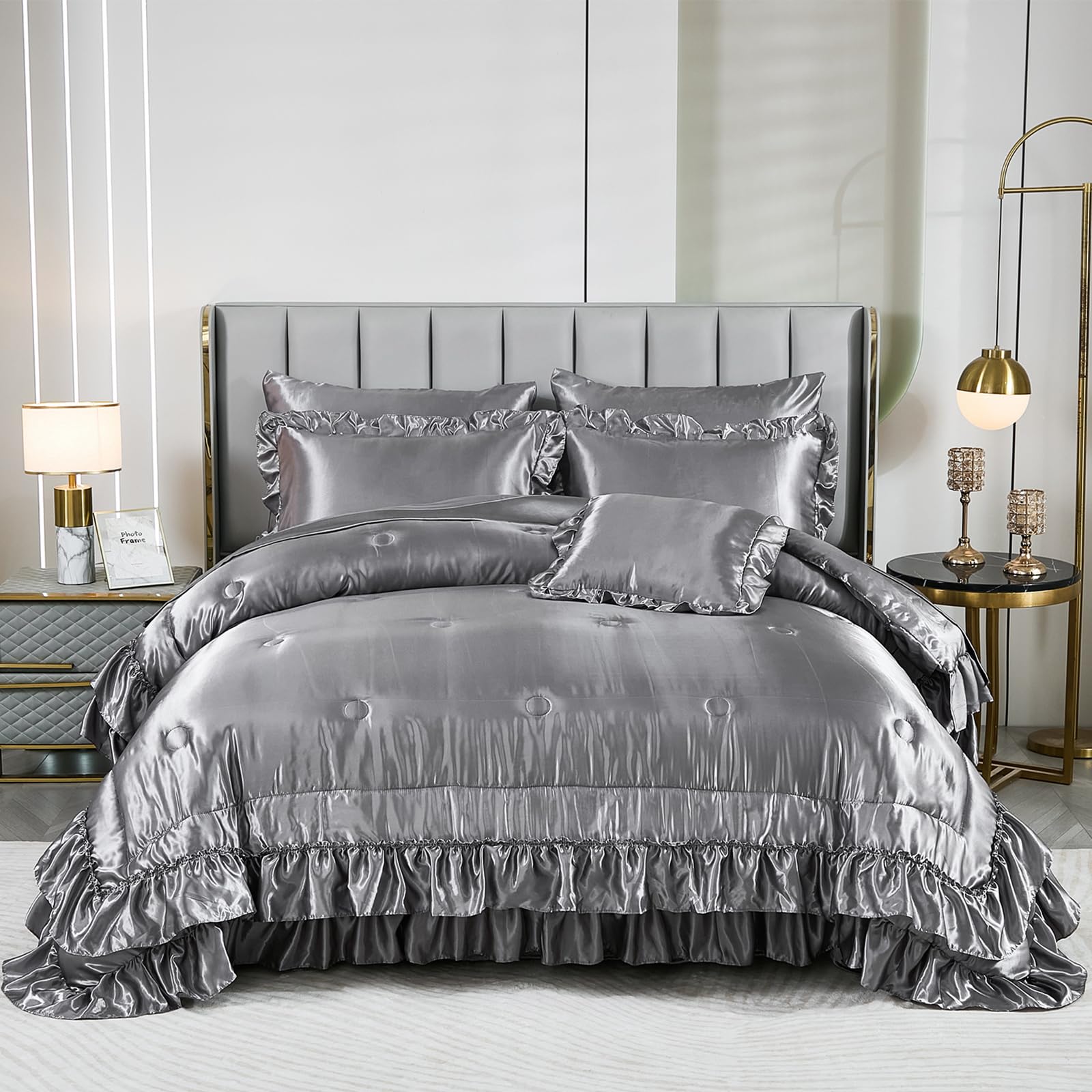 Amazon.com: Grey Satin King Comforter Set with Sheets,Silk Like Satin ...