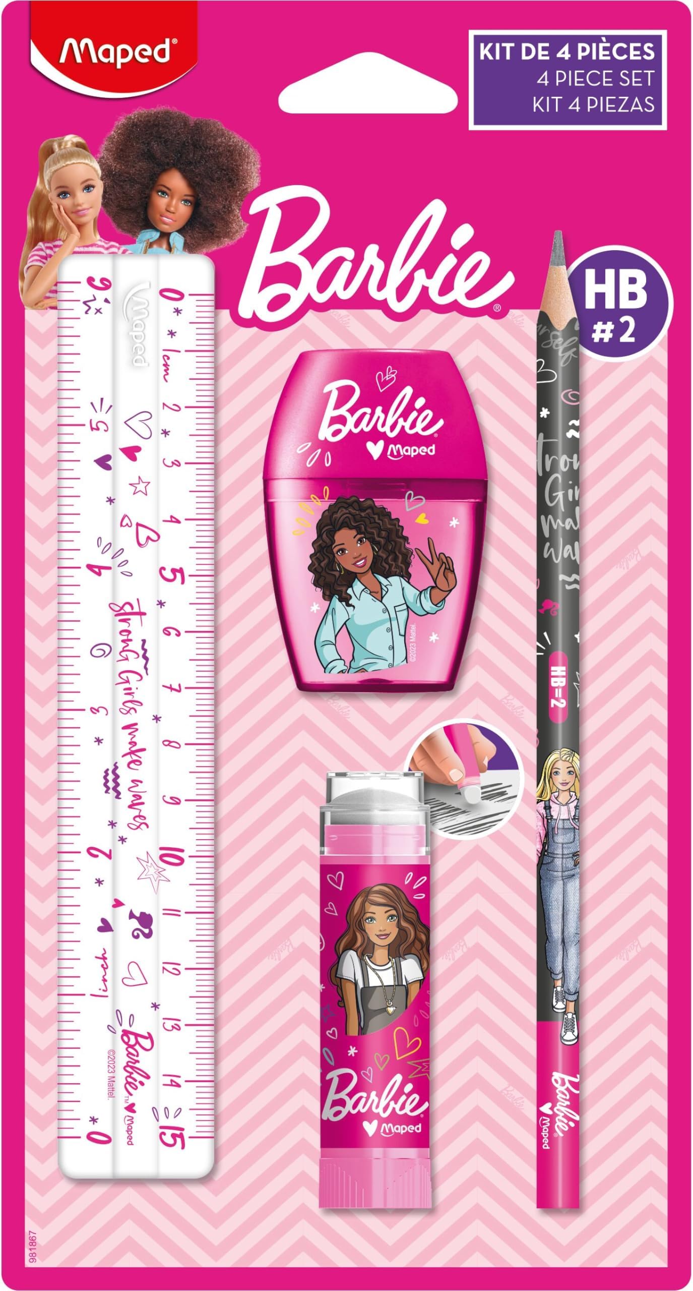 Maped - Set de Papeterie Barbie 4 Pièces - 1 Règle Transparente 15cm ...