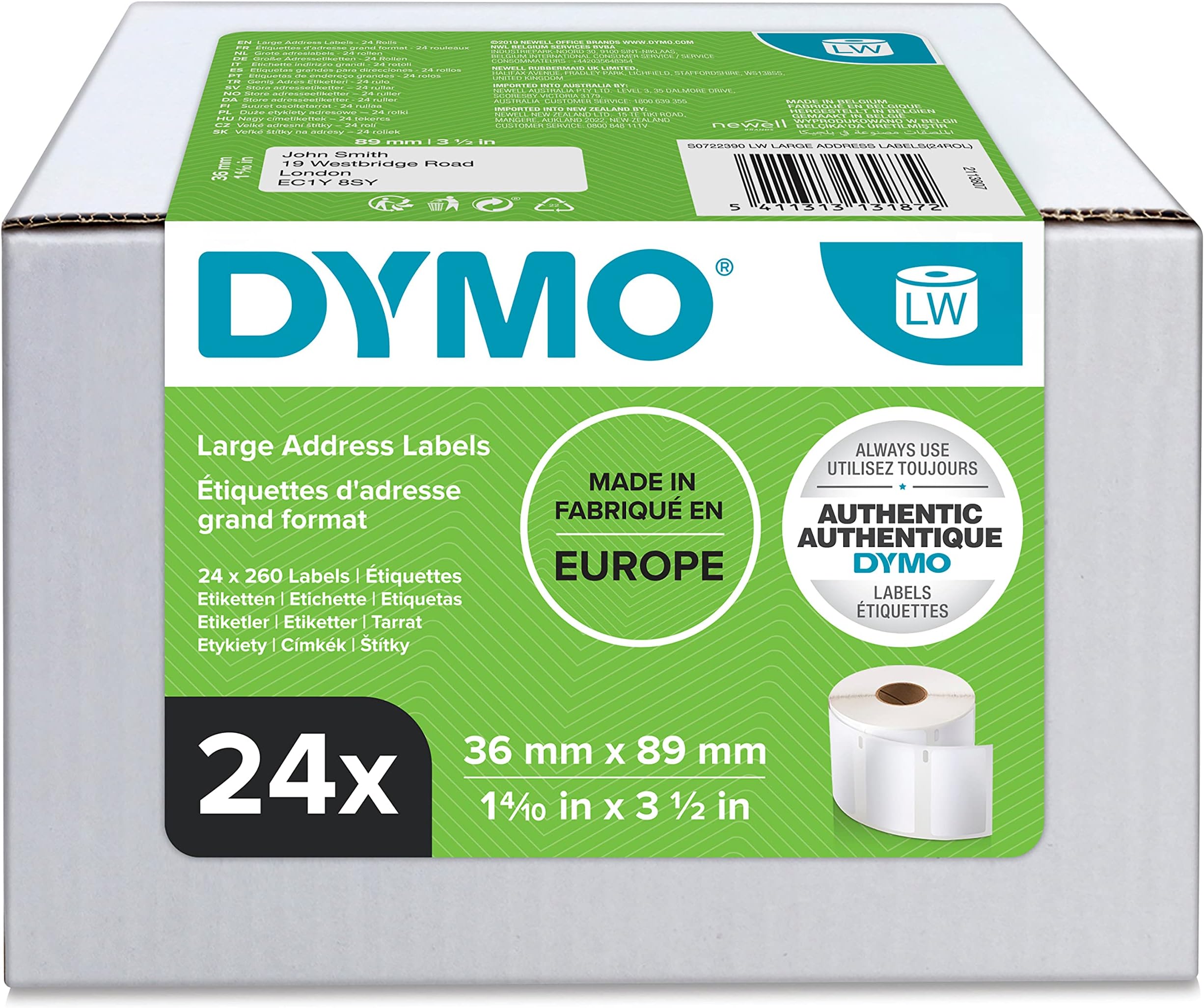DYMO LW etichette per indirizzi grandi, 36 mm x 89 mm, 24 rotoli da 130 etichette facilmente ...