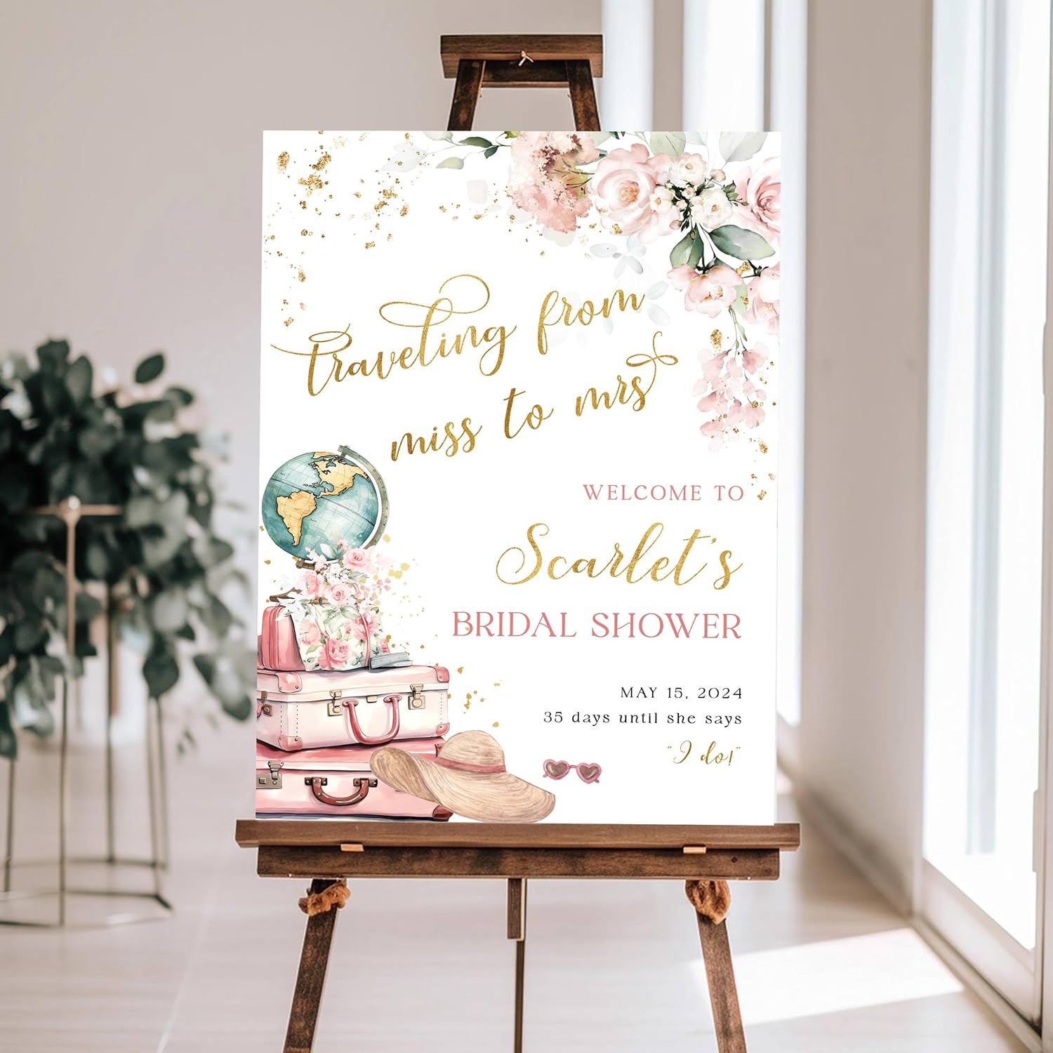 Amazon.com : Traveling From Miss To Mrs Bridal Shower Sign, Pink Floral ...