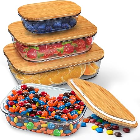 Amazon.com: Greener Chef Bamboo Glass Food Storage Containers - 4 Piece ...