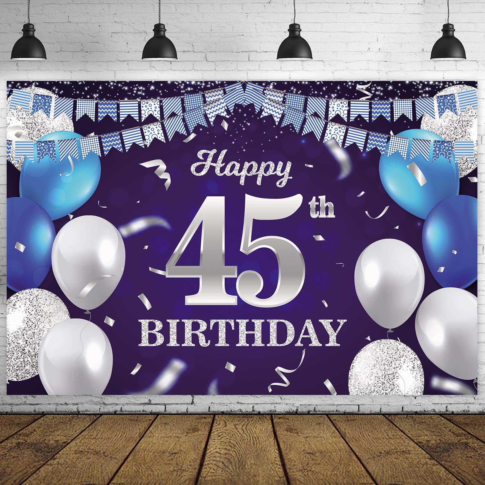 Amazon.com: Happy 45th Birthday Banner Backdrop Navy Blue Balloons ...