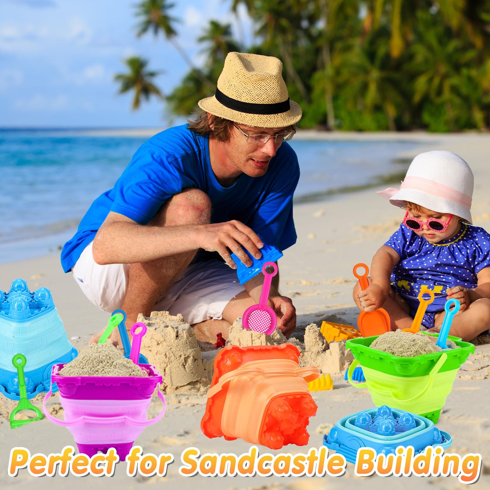 Realspring 40 Pcs Beach Toys Set Include 8 Collapsible Beach Bucket ...