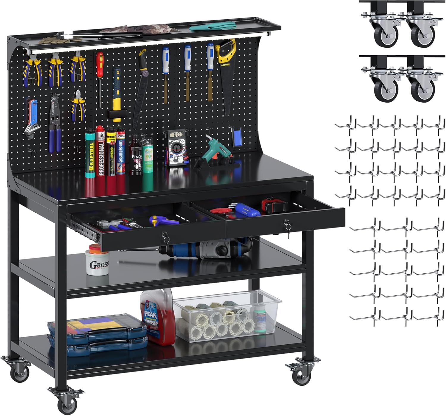 METALYEYE Metal Workbench with 2 Lockable Drawers and Wheels,48" x 22 ...