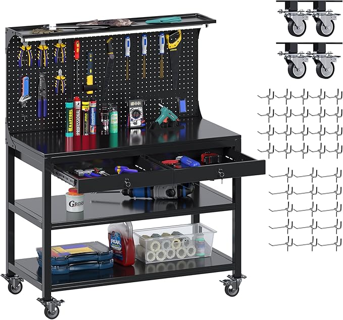 METALYEYE Metal Workbench with 2 Lockable Drawers and Wheels,48" x 22 ...