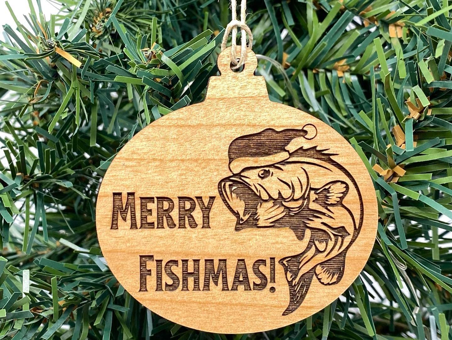 Amazon.com: Merry Fishmas! Merry Fishmas Wood Engraved Ornament ...