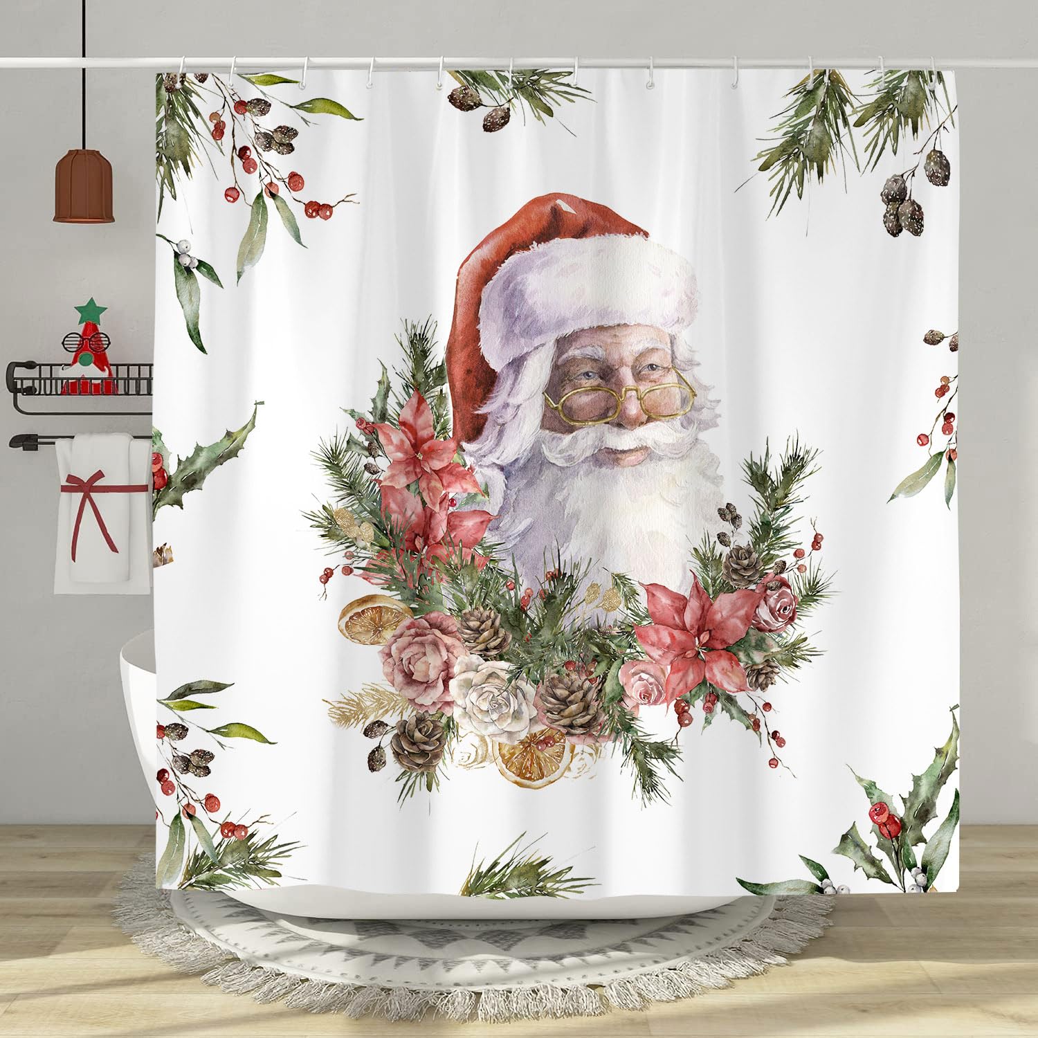 Amazon.com: Emwnodti Merry Christmas Santa Claus Shower Curtain Set ...