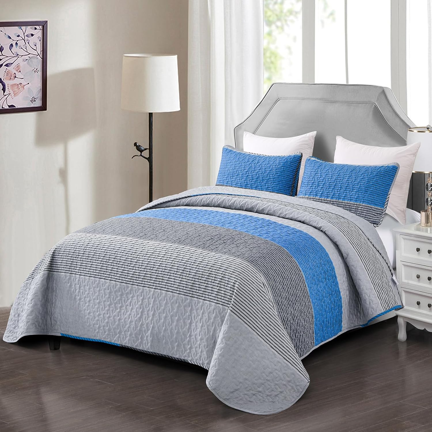 Amazon.com: Yiran Blue Grey Patchwork Quilt Set Bedspread Stripe ...