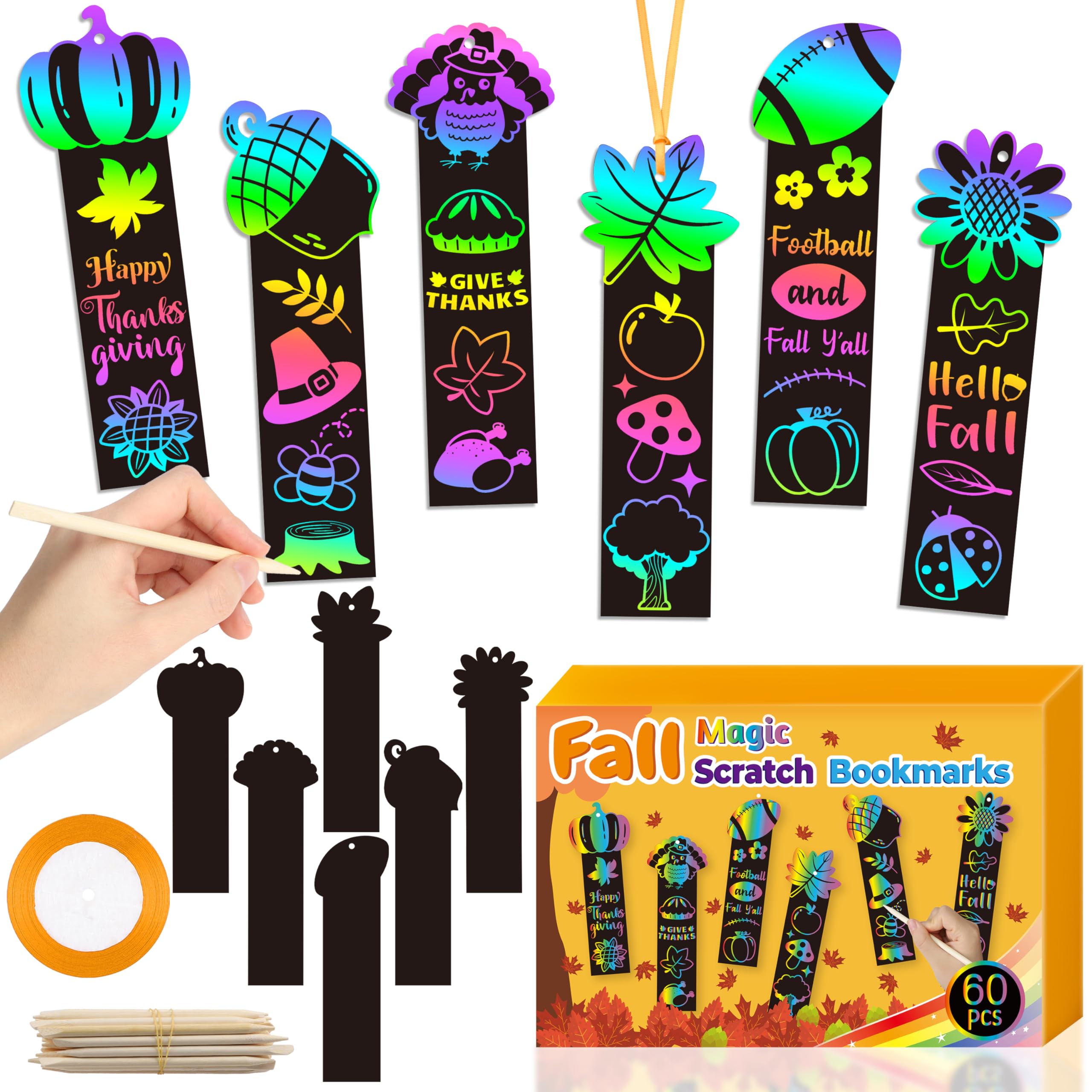 Amazon.com: BeYumi 60Pcs Fall Harvest Scratch Bookmarks for Kids DIY ...
