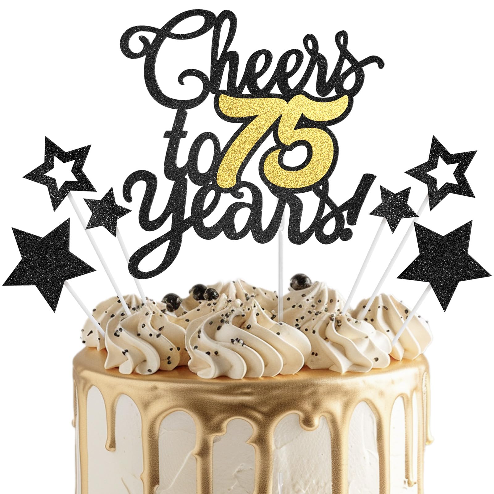 Amazon.com: Cheers to 75 Years Cake Topper - Black Gold 75th Birthday ...