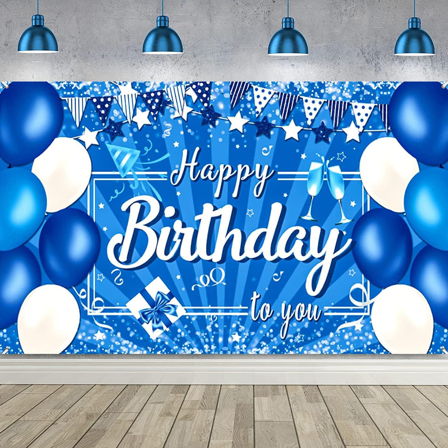 Amazon.com: Blue Happy Birthday Backdrop Large Blue Silver Birthday ...