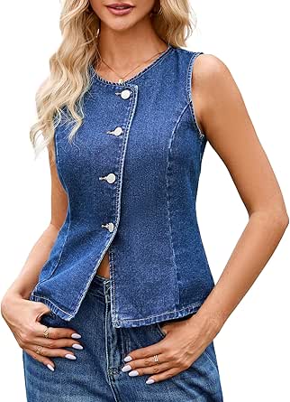 Amazon.com: Ladyful Denim Vest Women Sleeveless Button Down Western Jean Vest Fitted Denim Tank ...