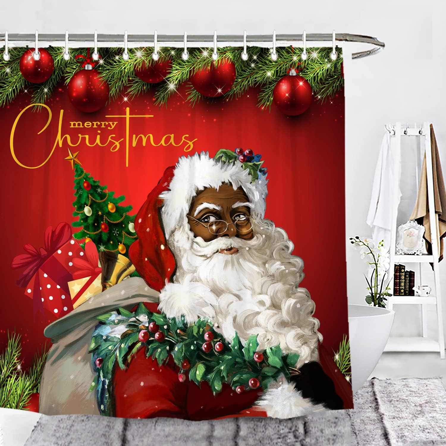 Amazon.com: Peryiter Christmas Black Santa Claus Shower Curtain Sets ...
