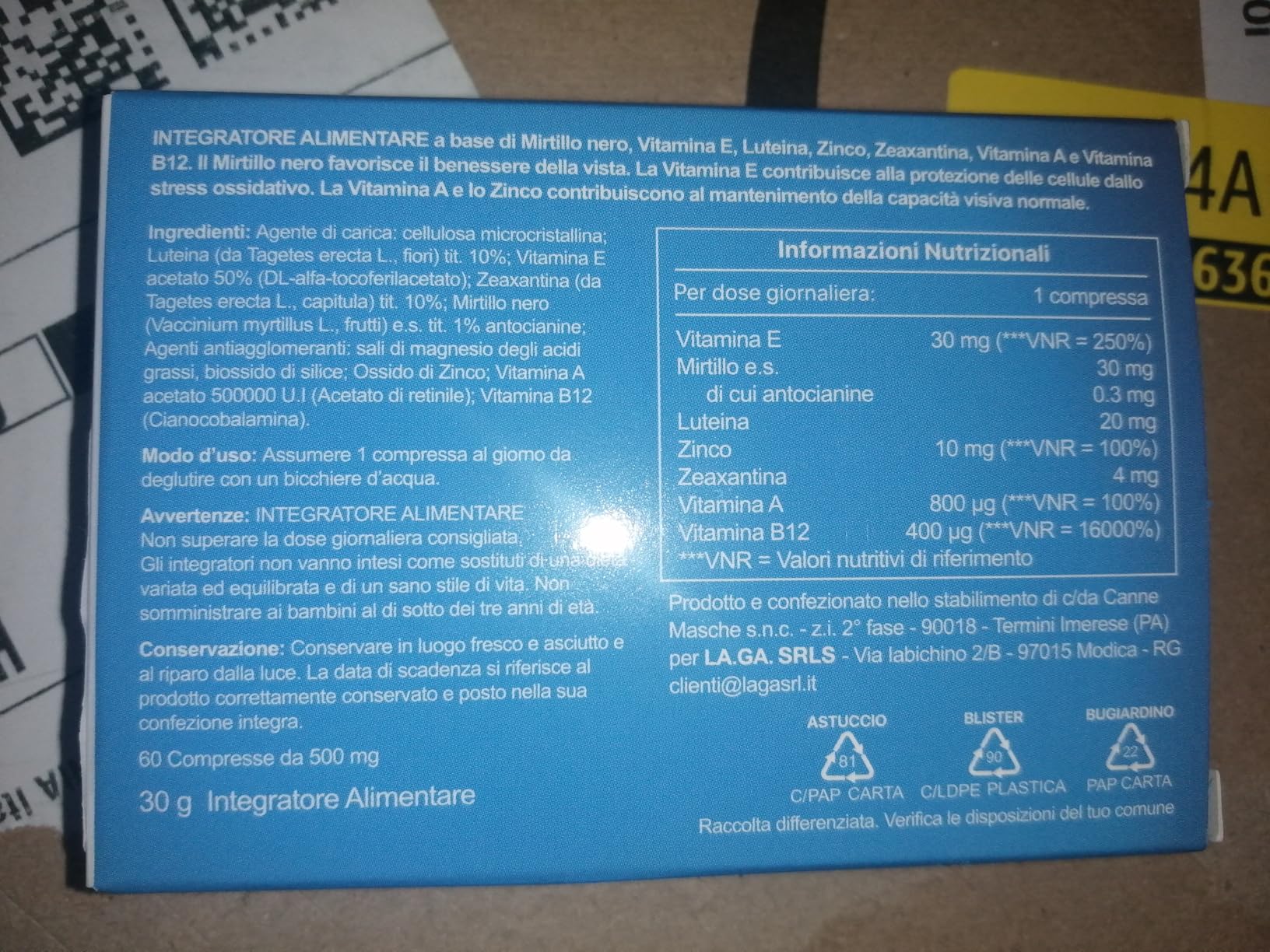 Integratore Occhi con Luteina e Zeaxantina Alto Dosaggio. 60 Compresse ...