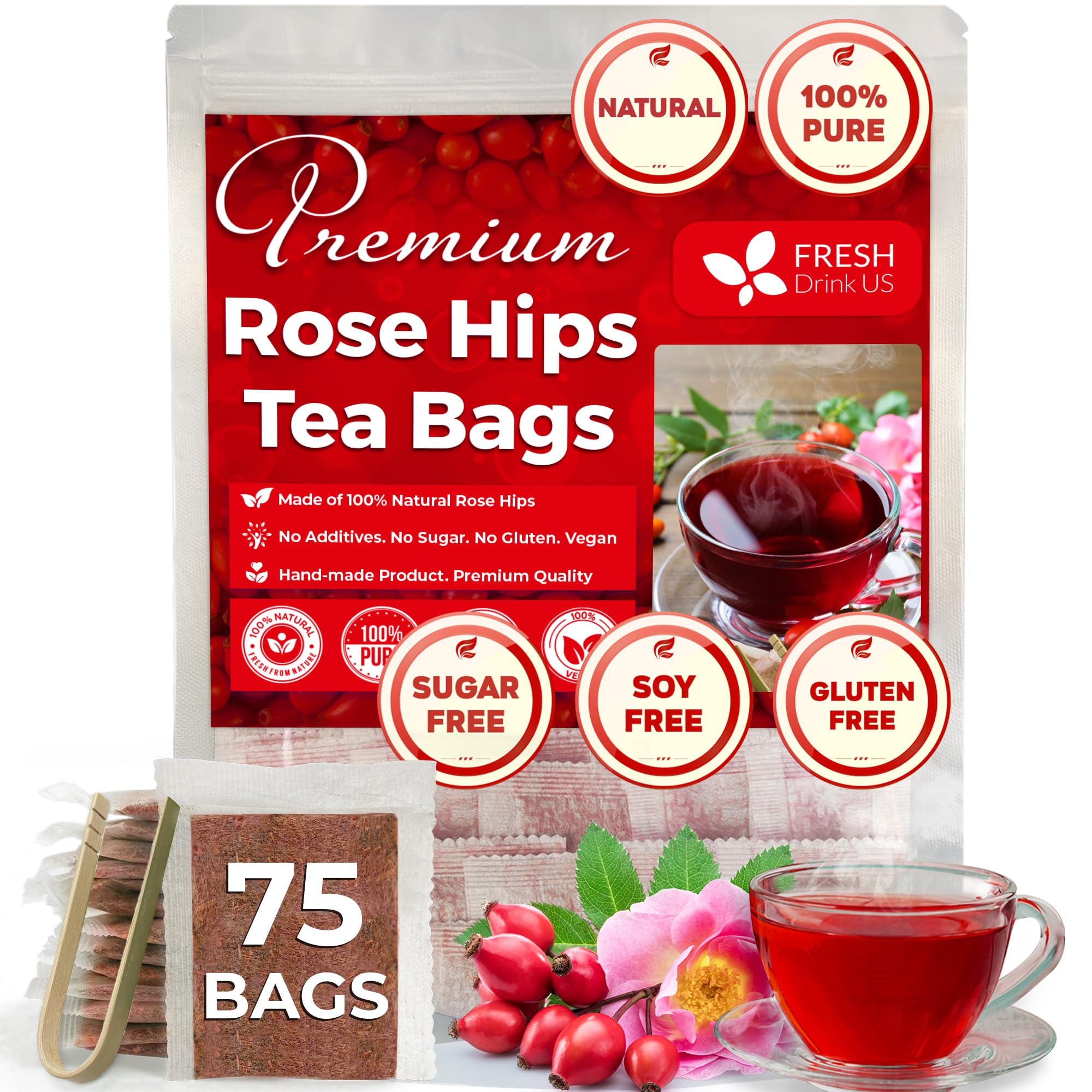 Amazon.com : FreshDrinkUS, Premium 75 Rosehip Tea Bags, 100% Natural ...