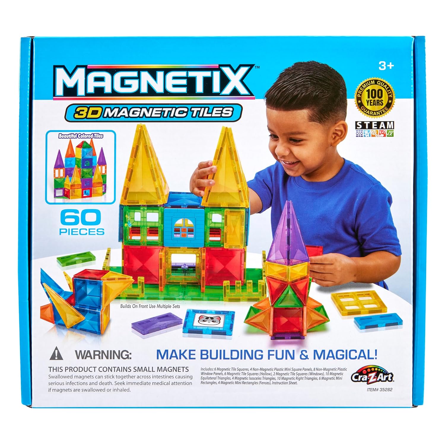 Cra-Z-Art Magnetix 60 Piece 3D Magnetic Tiles for Kids Ages 3 and Up ...