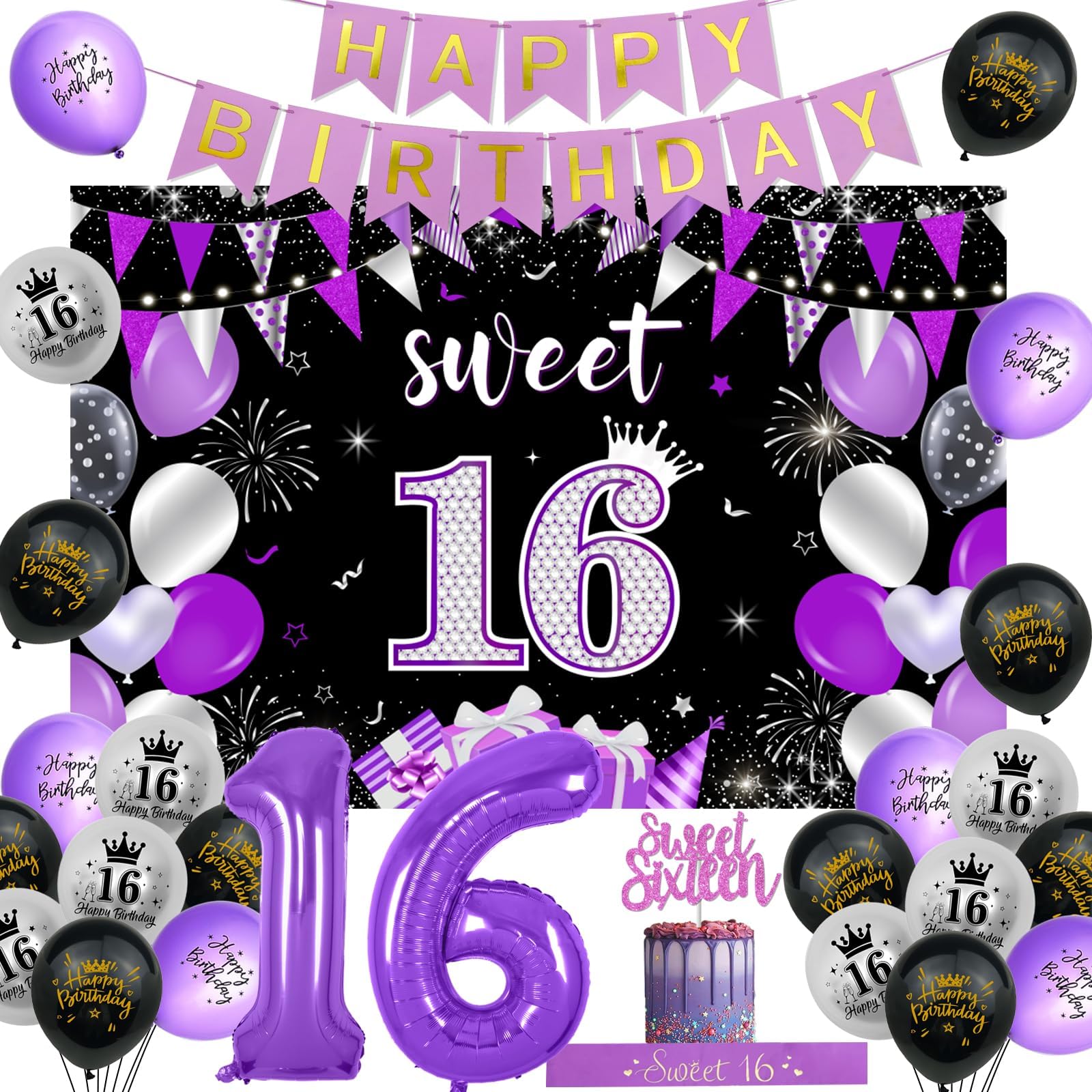 Amazon.com: Baltererver 16th Birthday Decorations for Girls Purple and ...