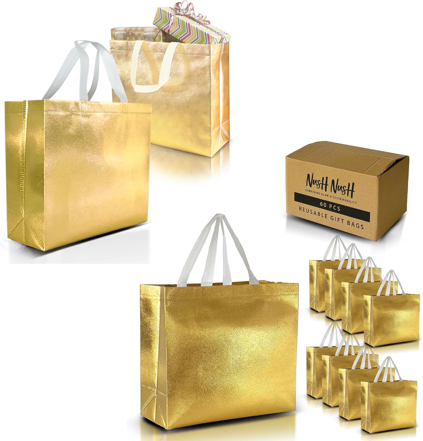Amazon.com: Nush Nush Gold Gift Bags Large Size – Set of 15 and 60 ...