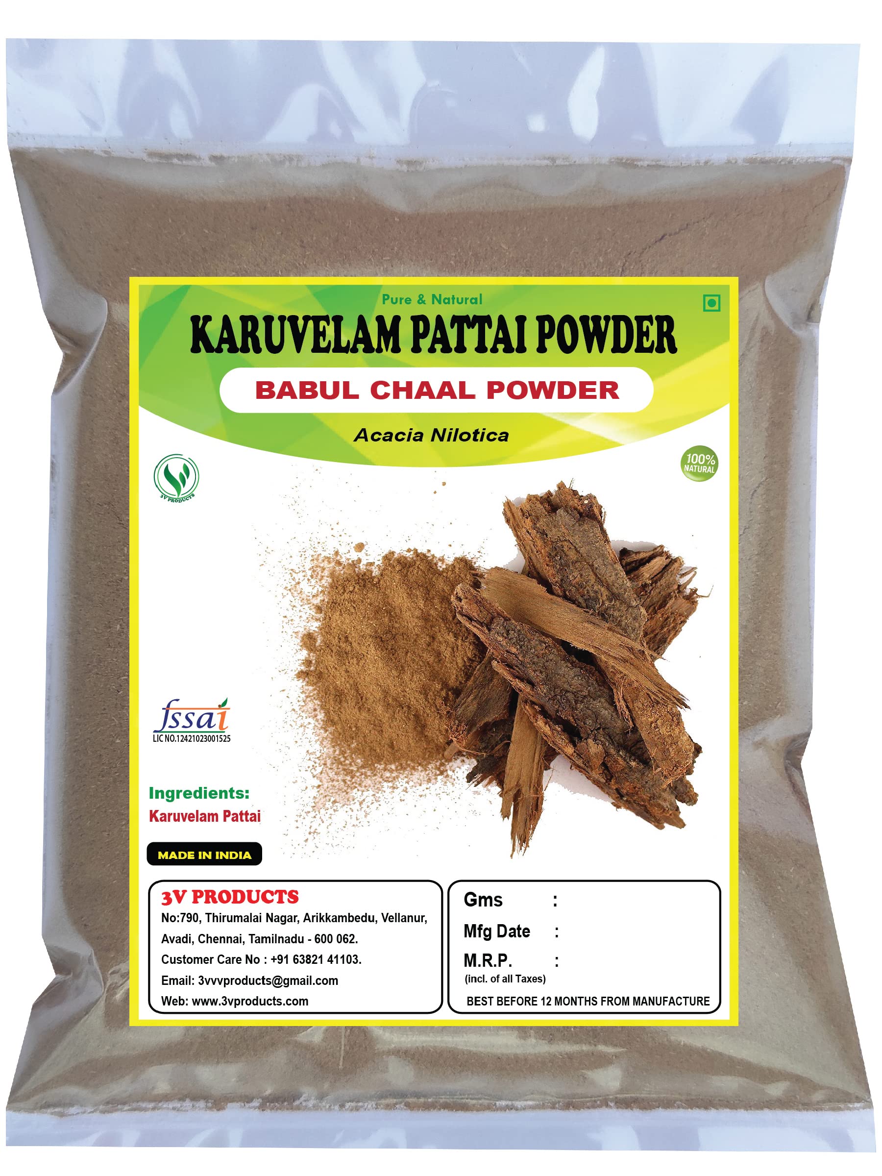 3V PRODUCTS Karuvelam Pattai Powder - Pack of 2x50g - Babul Bark Powder ...