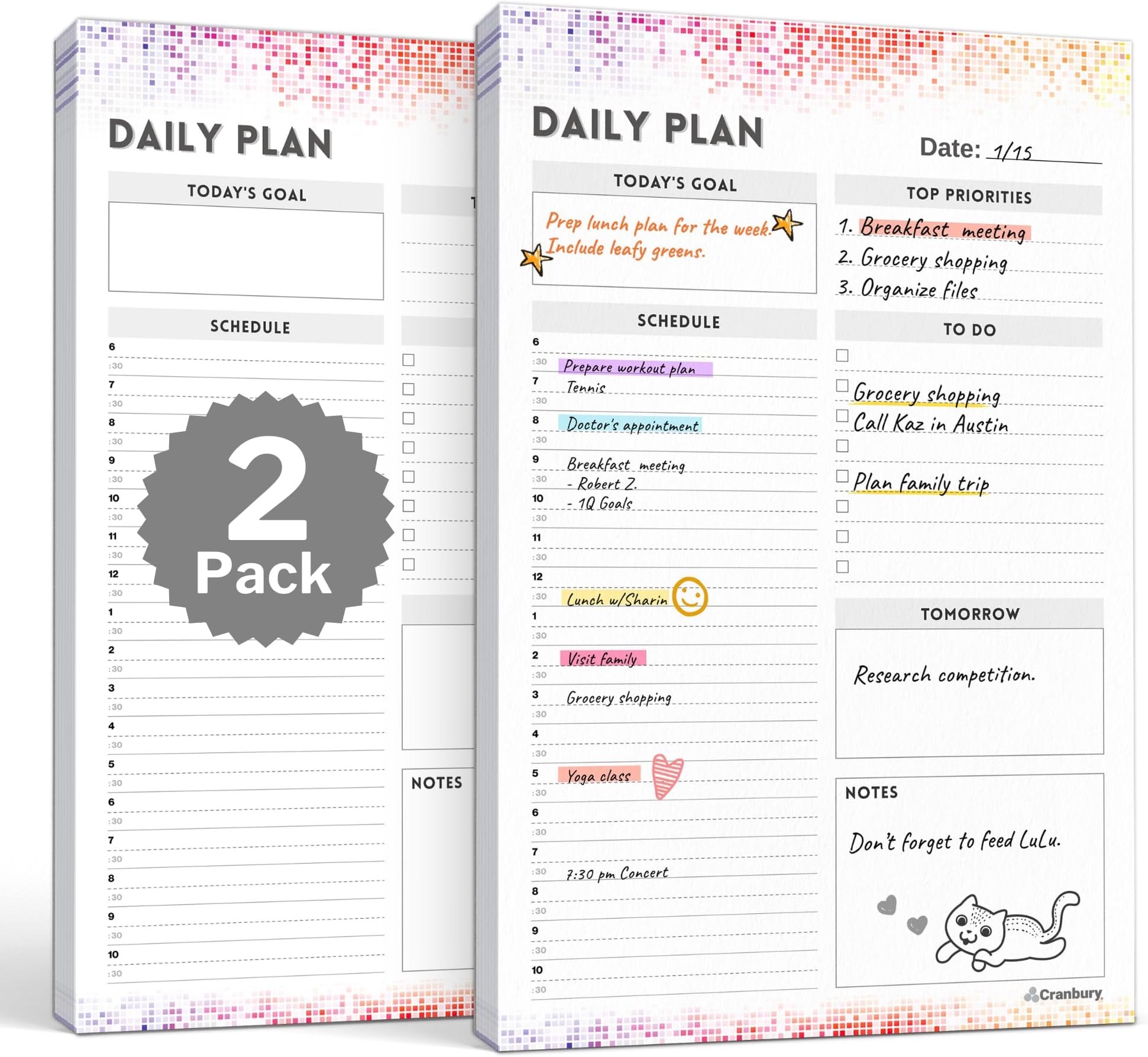 Amazon.com : CRANBURY Daily Planner Notepads 5.5x8.5" (2-Pack, Colorful ...