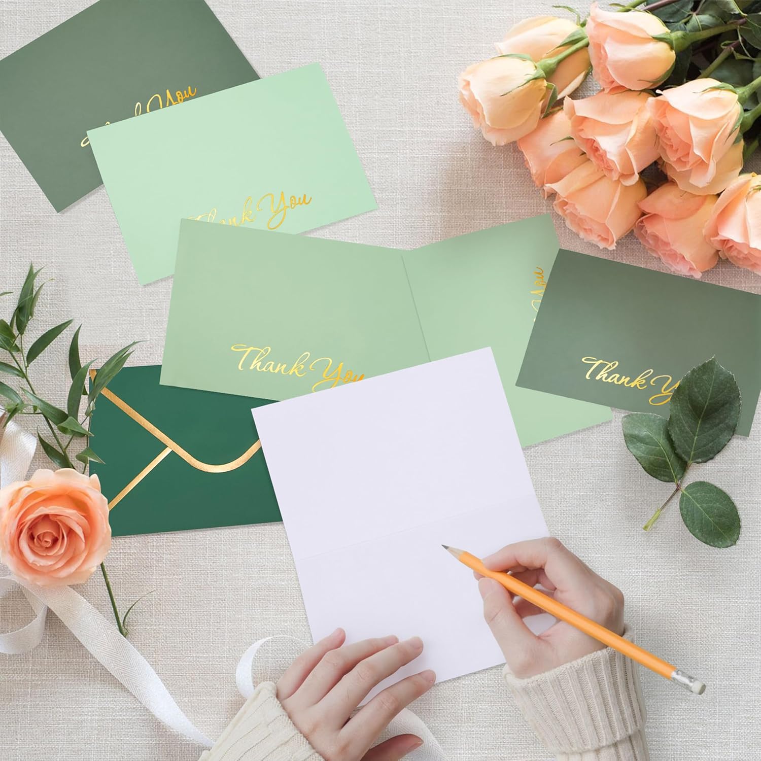 LANLISA 33 tarjetas de agradecimiento de color verde salvia con sobres, notas de agradecimiento ...