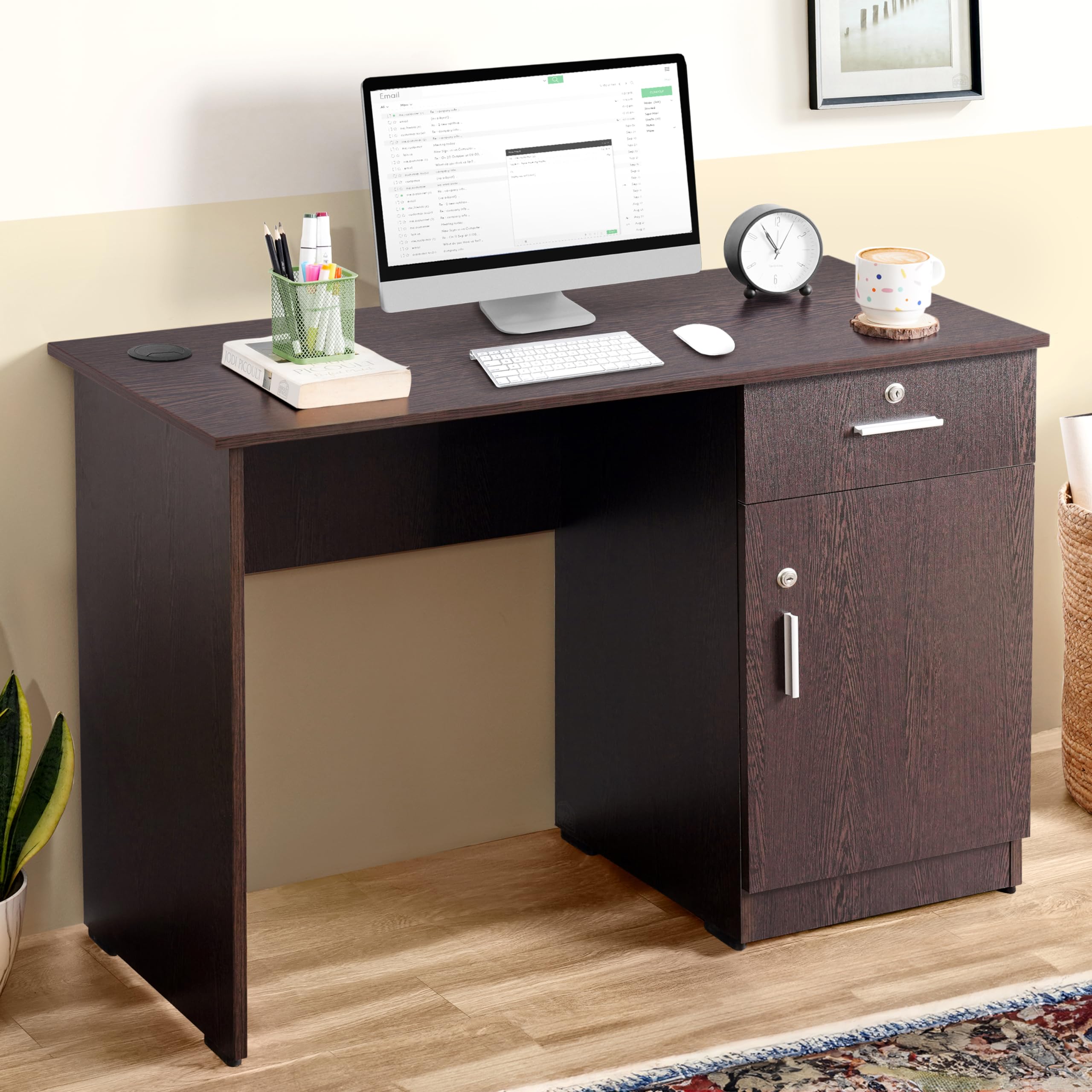 ABOUT SPACE Study Table with Lockable Drawer, Cabinet & Wire Holes ...