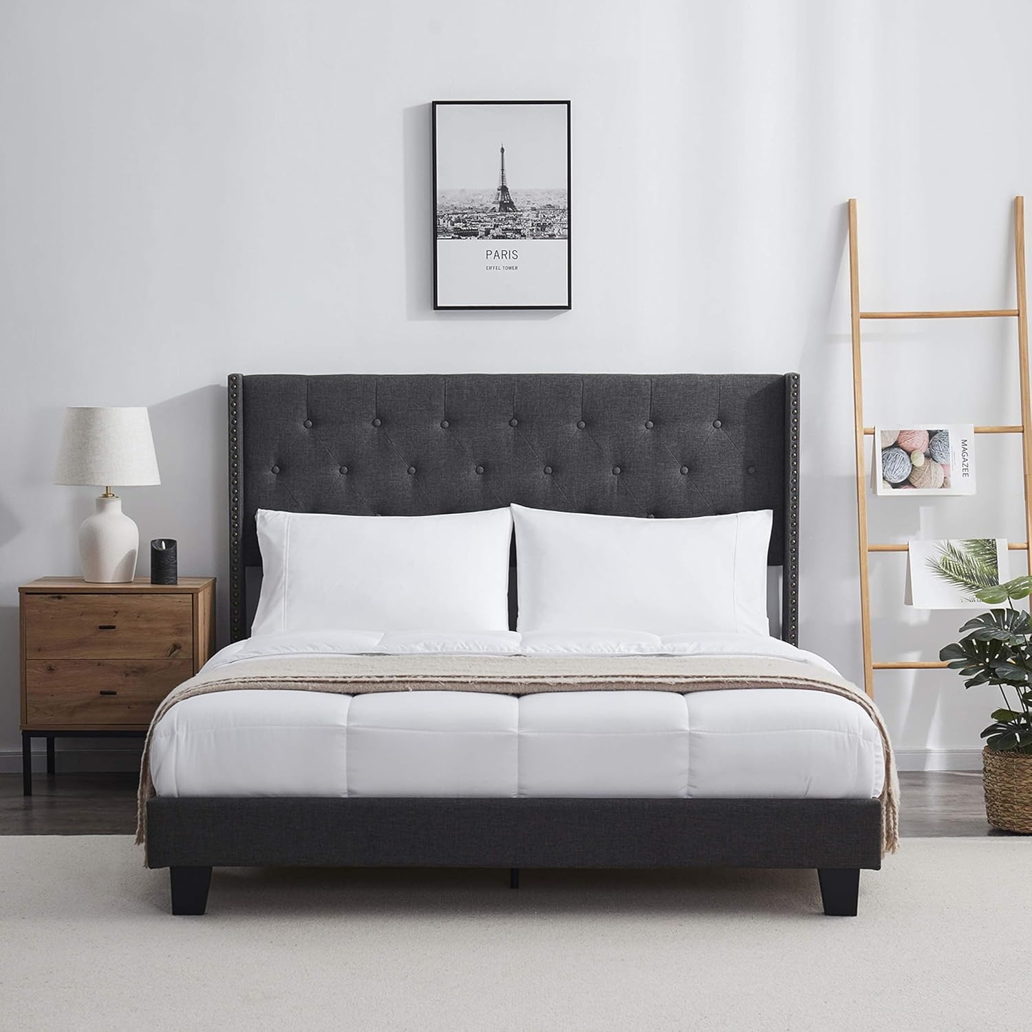 Amazon.com: Hearth & Harbor King Bed Frame and Headboard Wingback ...