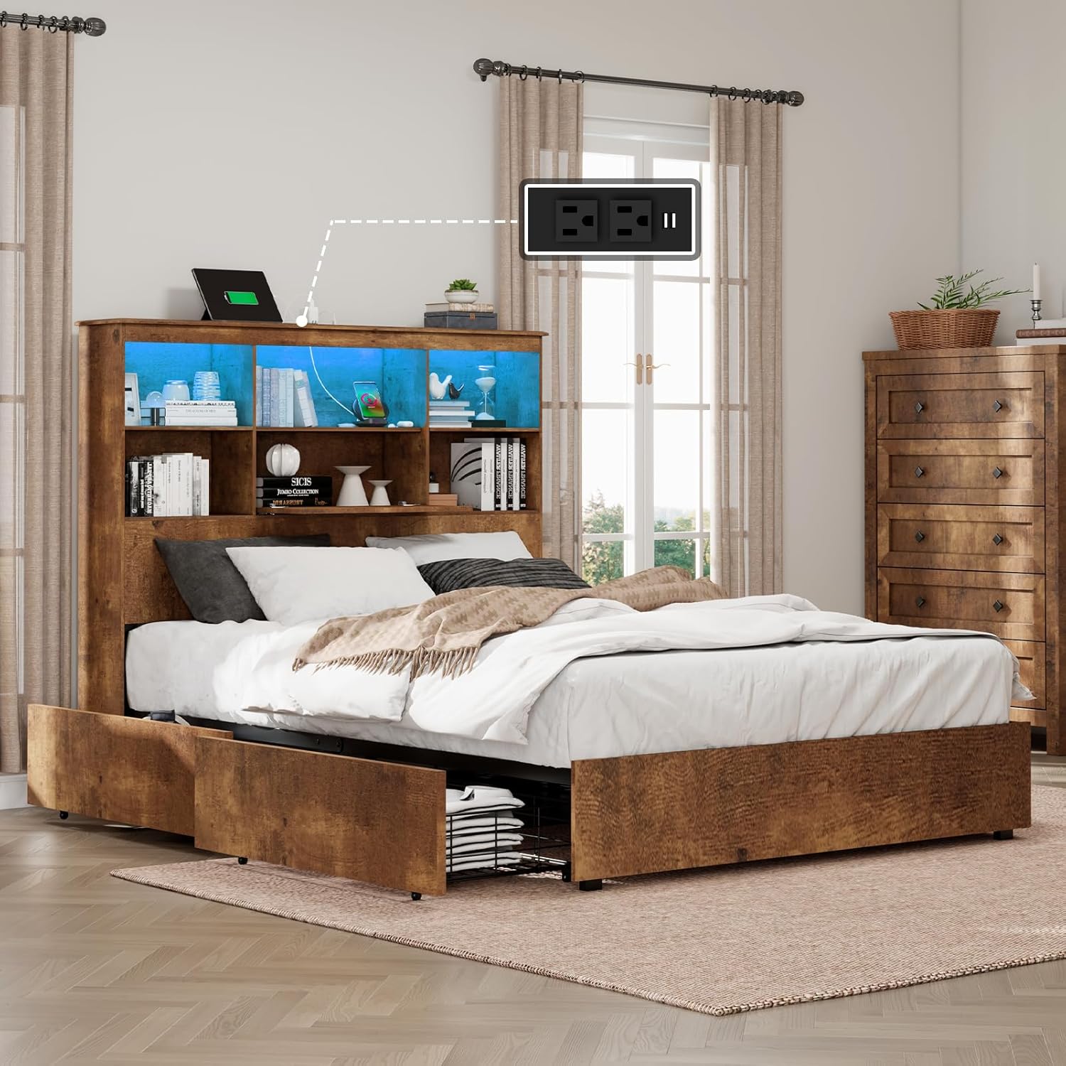 Amazon.com: LUXOAK Queen Size Bed Frame with LED Bookcase Headboard ...