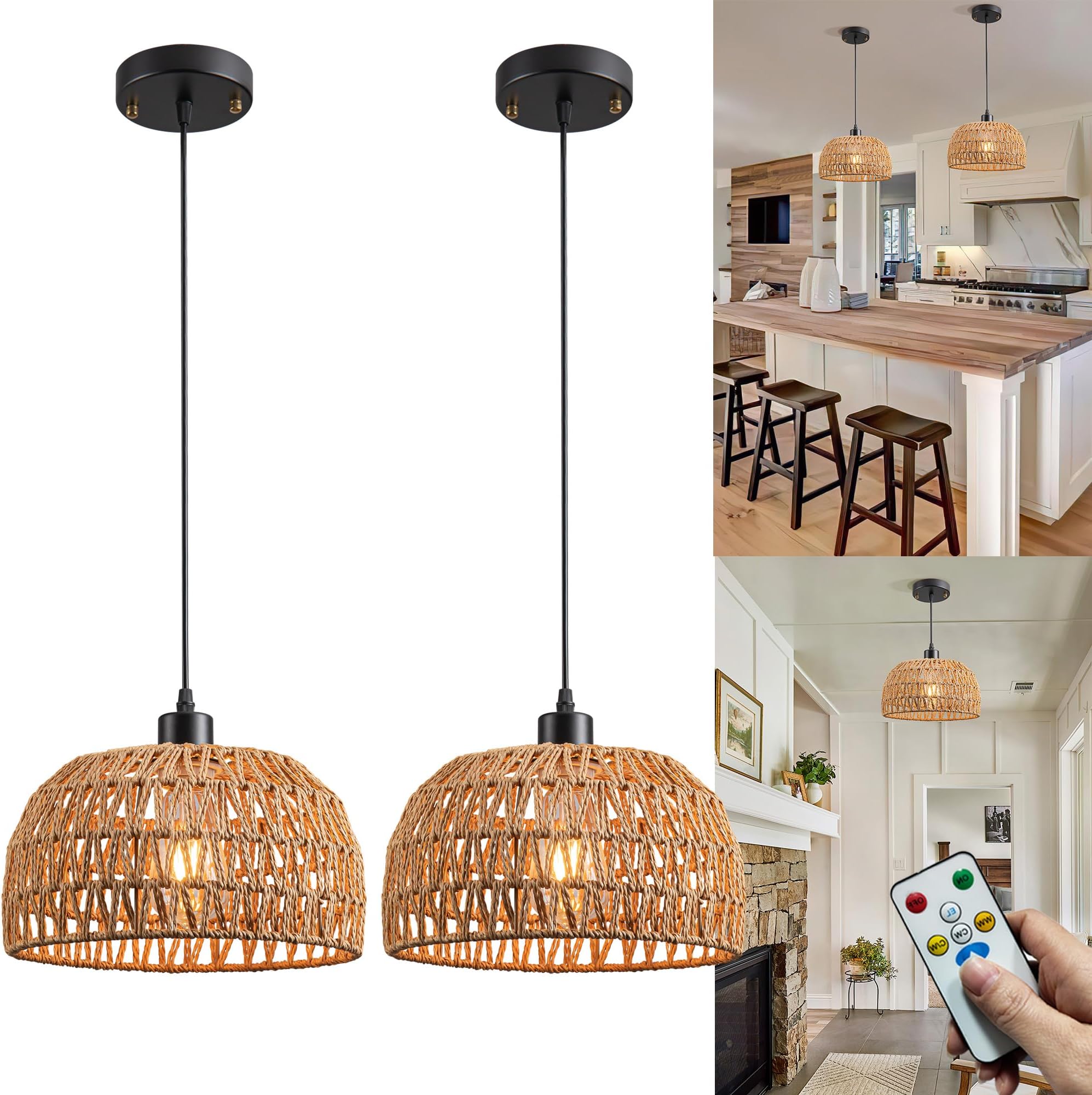 Battery Operated Pendant Light with Remote,Battery Hanging Light Rattan ...
