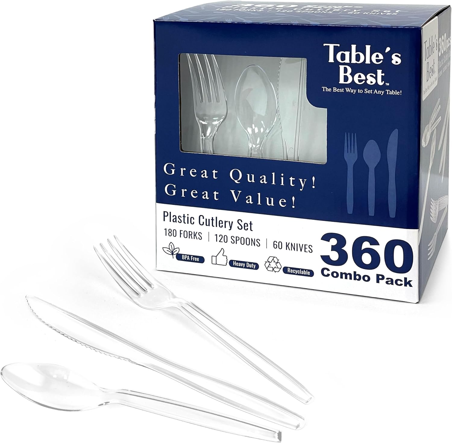 Amazon.com | Table's Best Heavy Duty Plastic Silverware [360 Ct] Clear ...