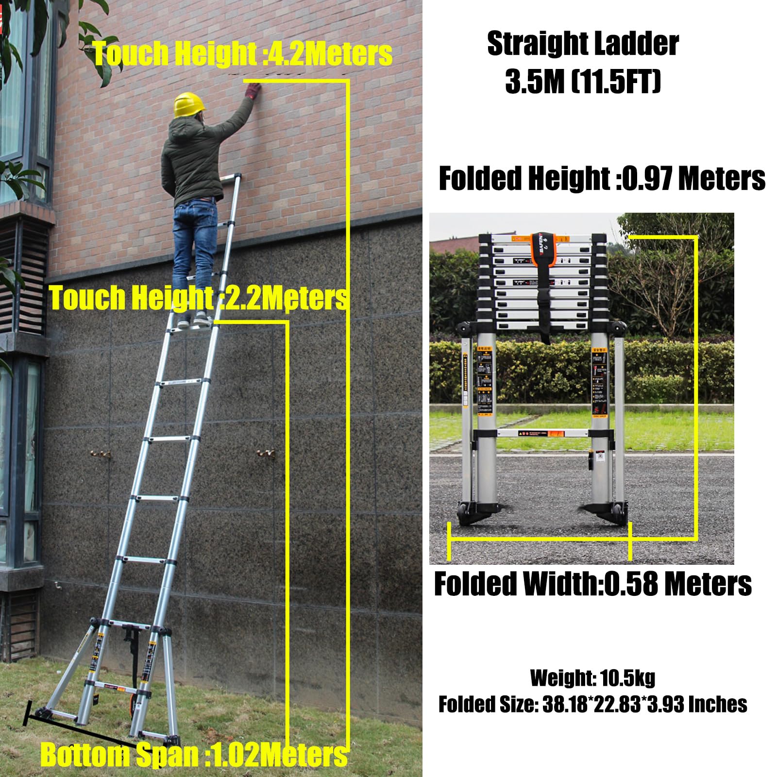 BotaBay 11.5FT Telescoping Ladder with Balance Bar and Movable Wheel, 3 ...