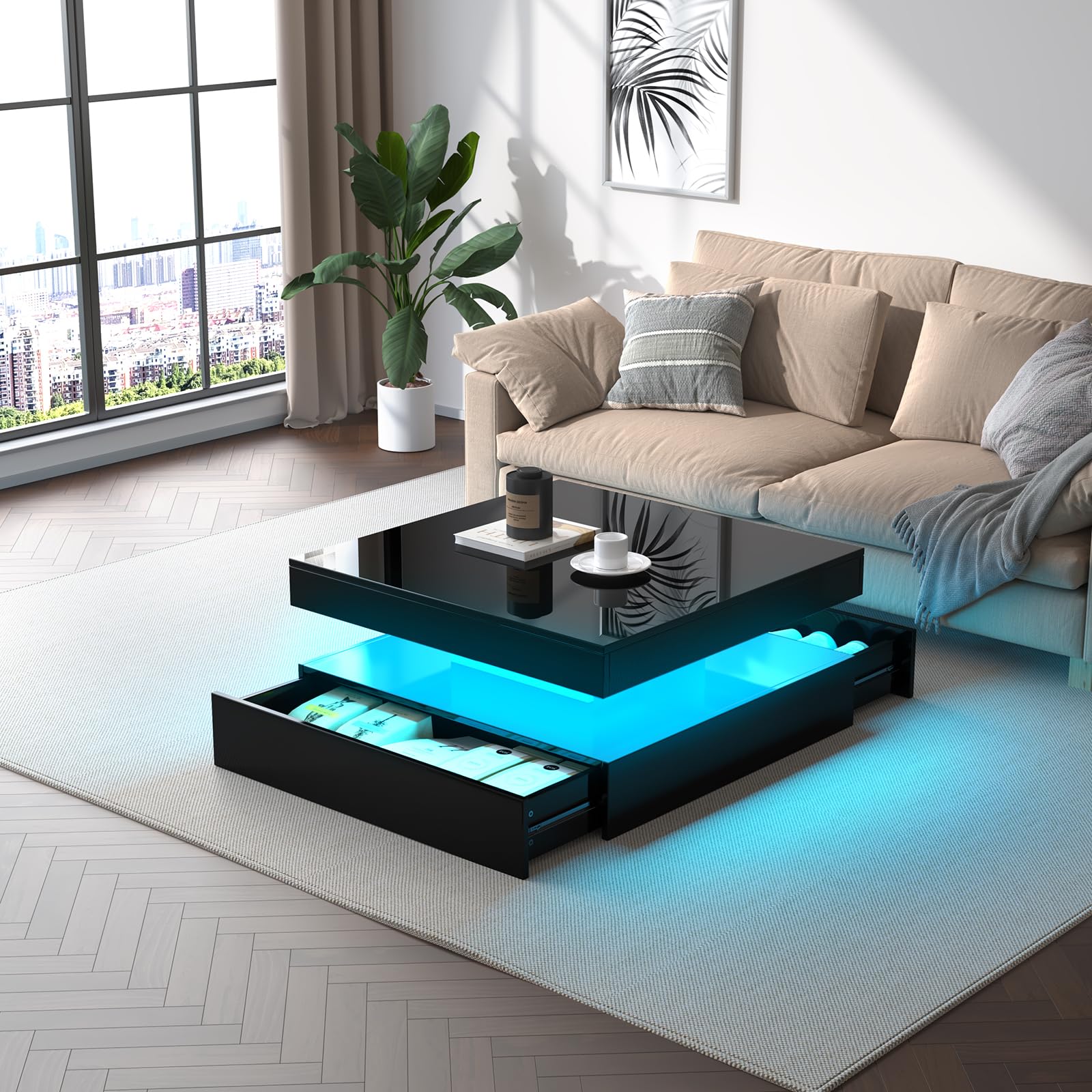 Amazon.com: FKWin LED Coffee Table for Living Room with Storage - High ...
