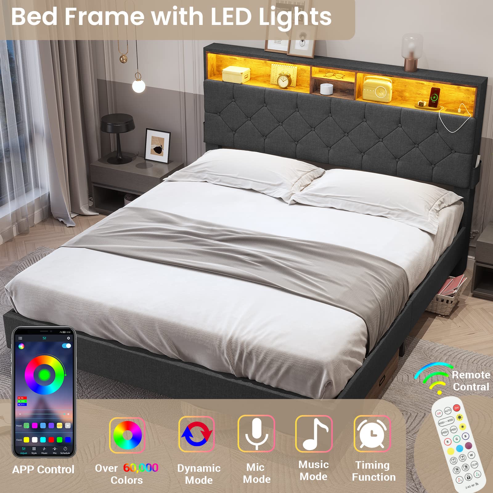 Tiptiper LED Bed Frame Queen Size with Outlets, USB Ports & Headboard Storage, Button Tufted ...