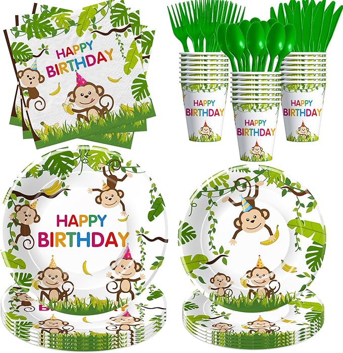 Amazon.com: HIPVVILD Monkey Birthday Decorations Tableware, Wild Jungle ...