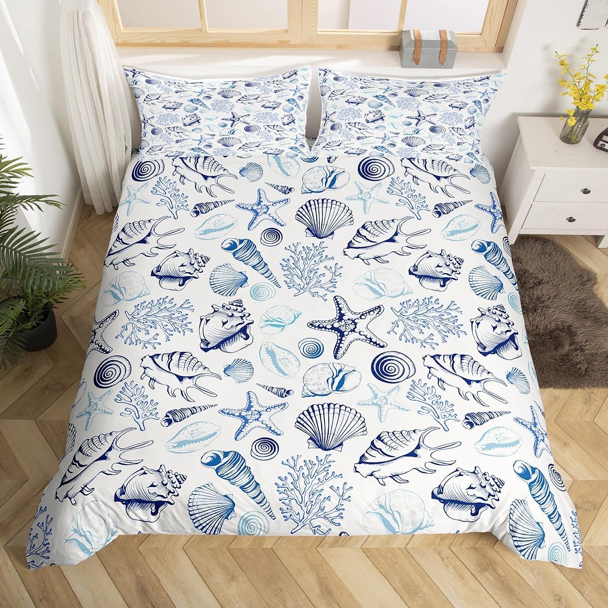 Amazon.com: Coastal Duvet Cover Set Queen Size,Beach Seashell Starfish ...