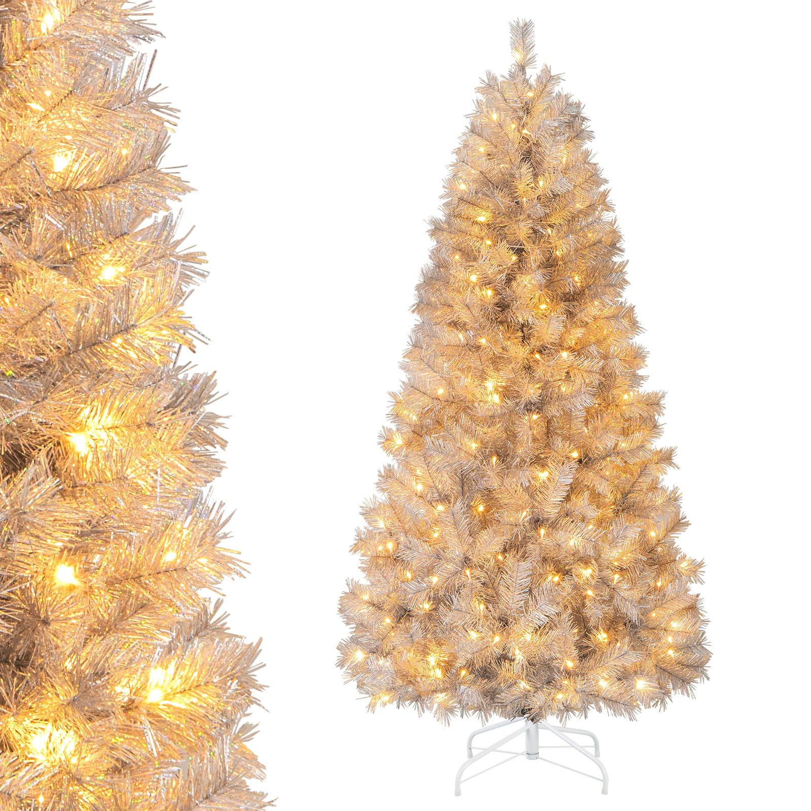 Amazon.com: Goplus 6ft Pre-Lit Silver Tinsel Christmas Tree, Artificial ...