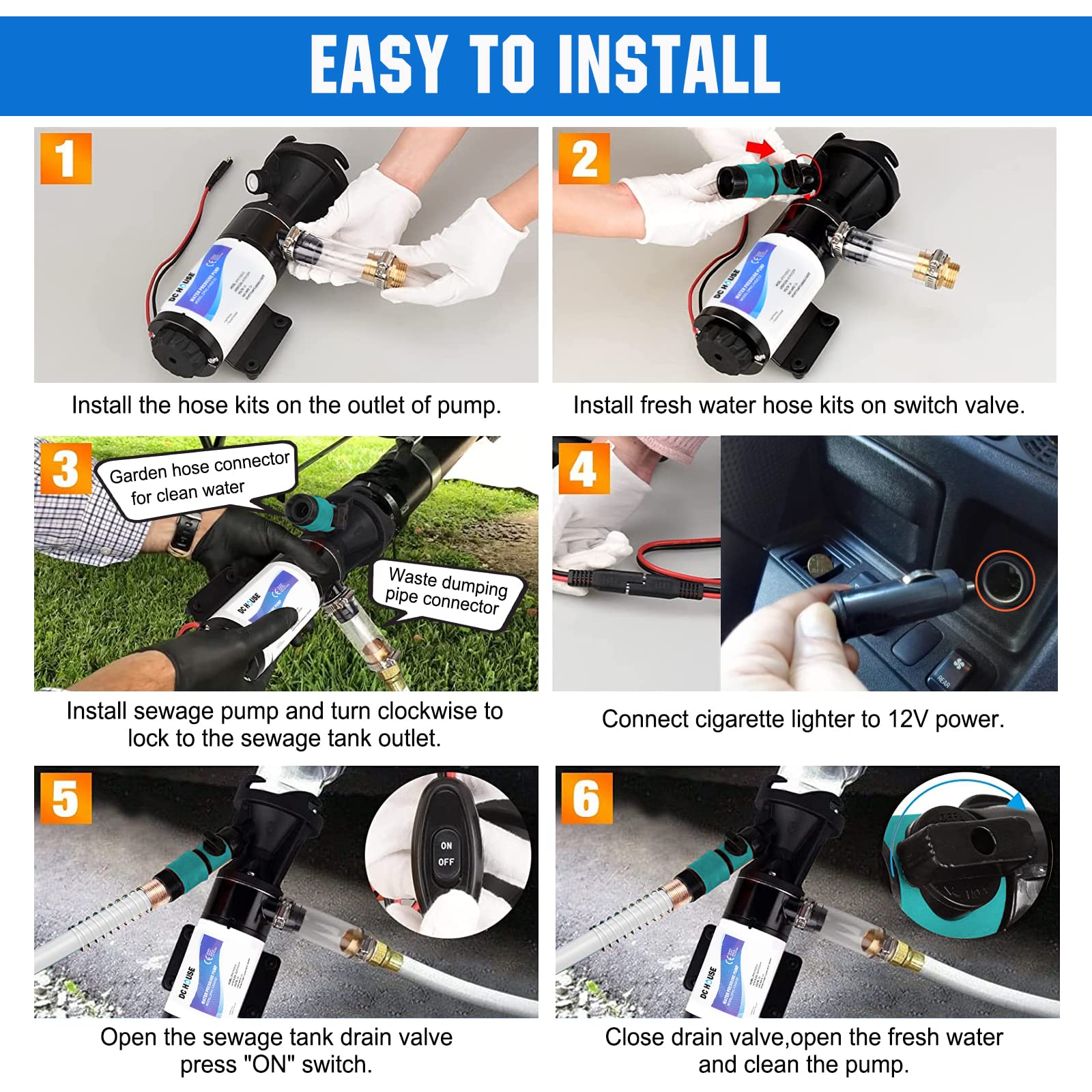 DC HOUSE RV Macerator Pump 12V 12 GPM, Portable Waste Water Pump with ...