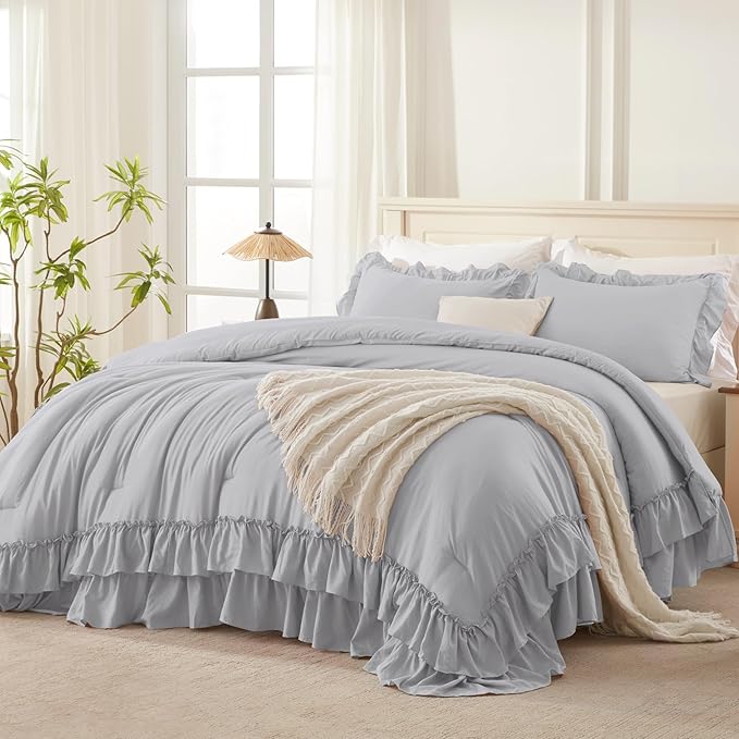 Amazon.com: Andency Light Gray Ruffle Comforter Set King, Shabby Chic ...