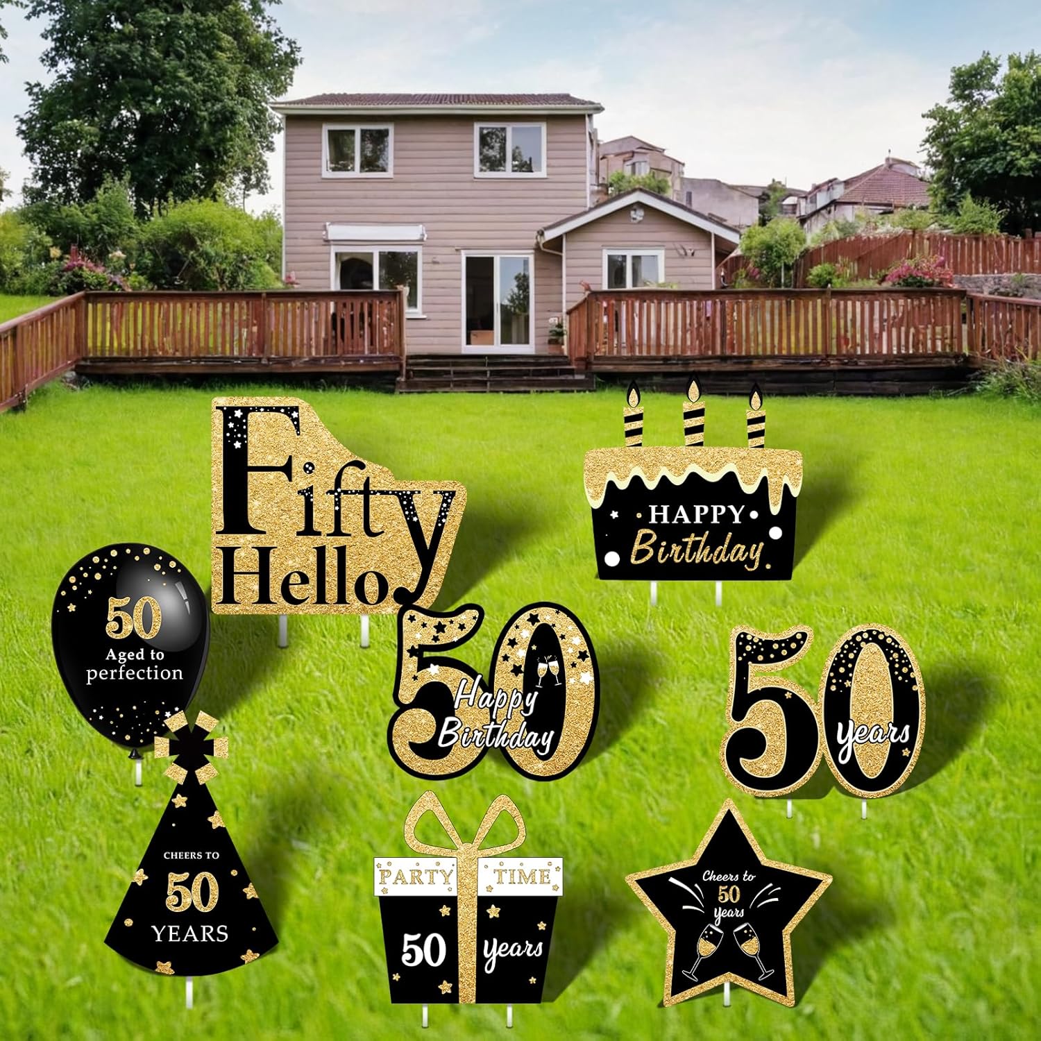 Amazon.com : Marwey 50th Birthday Yard Sign Set Of 8 Black Gold ...