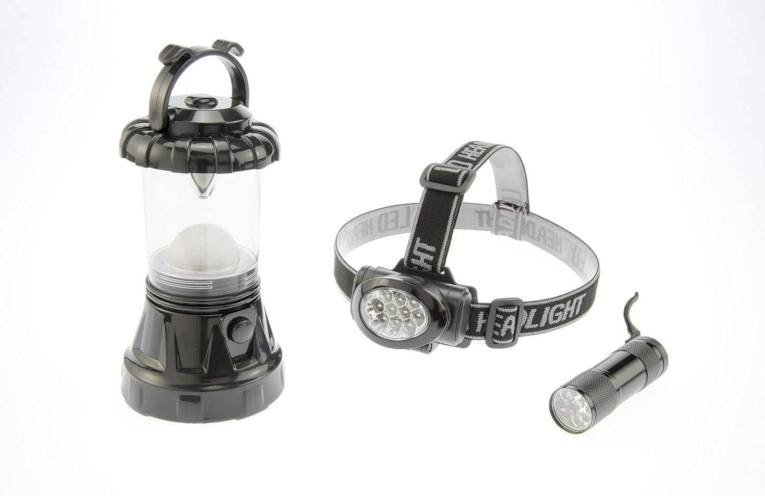 SE 3-Piece Black Camping Light Set: 11-LED Lantern, 10-LED Headlamp and ...