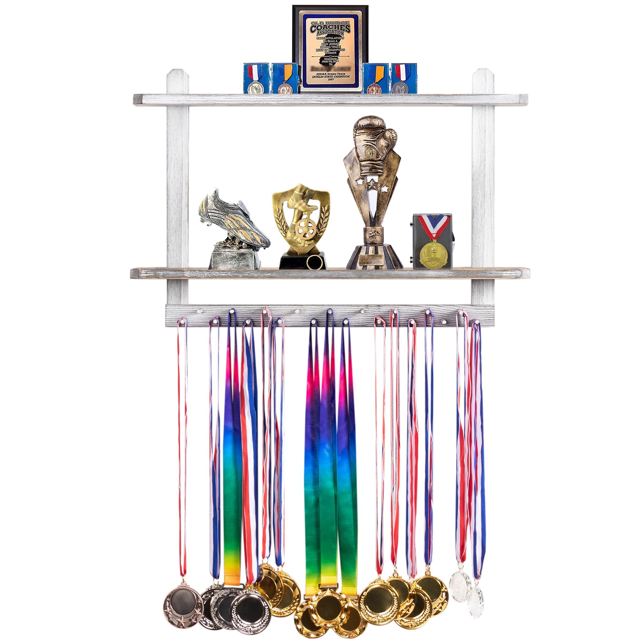 LAVIEVERT Wooden Medal Hanger & Trophy Shelf, Wall-Mounted Race Medal ...