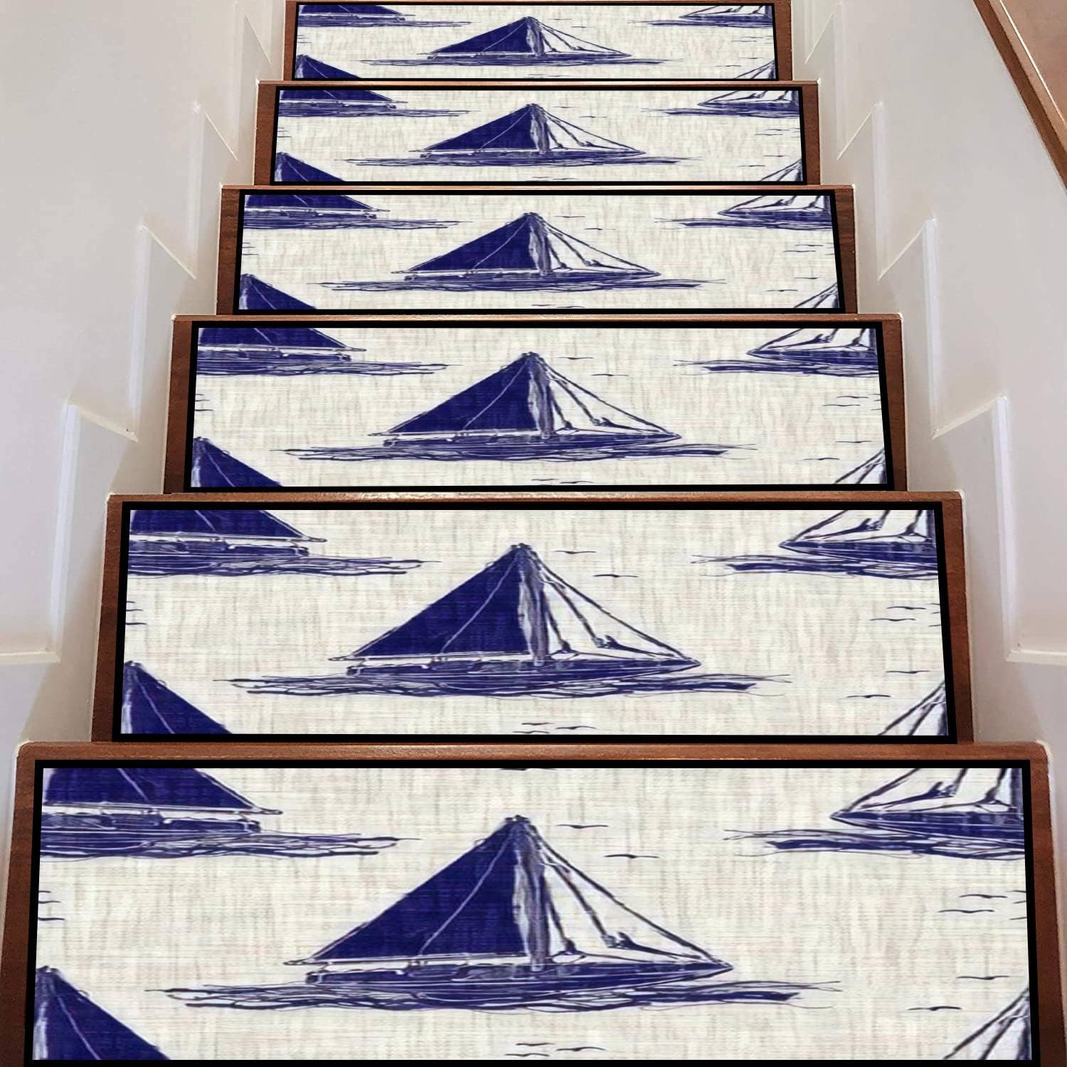 Amazon.com: Nautical Navy Blue Sailing Boat on Burlap Linen Texture ...