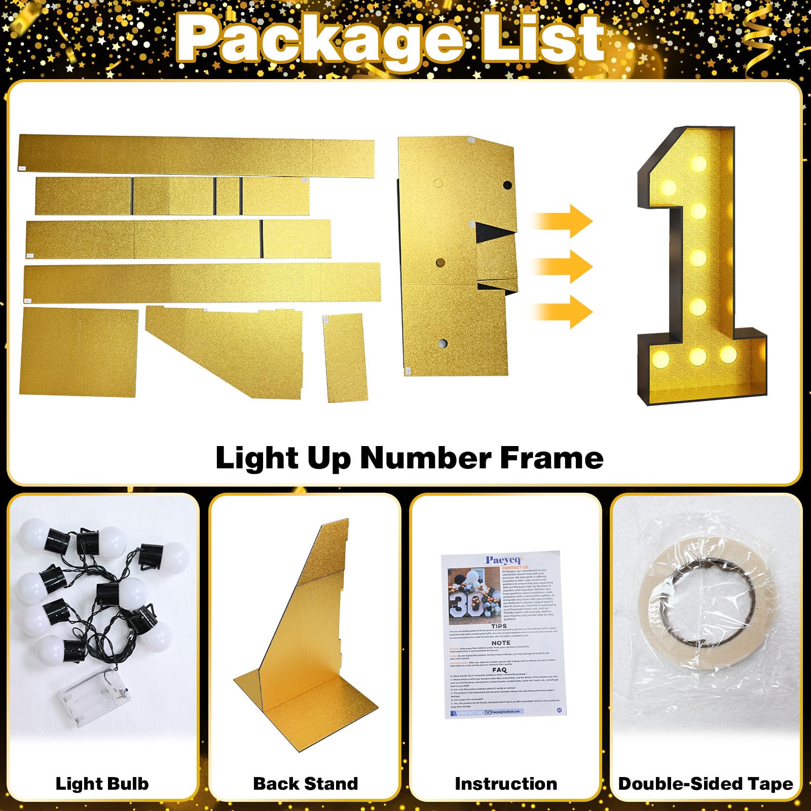Snapklik.com : 4FT Large Light Up Numbers 1, Black Gold Number 1 ...
