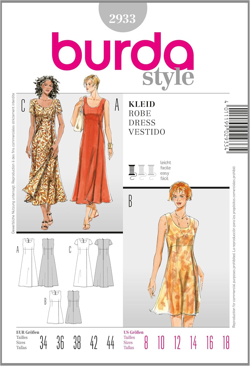 Burda Schnittmuster 2933 Kleid Gr. 34-44 : Amazon.de: Küche, Haushalt ...