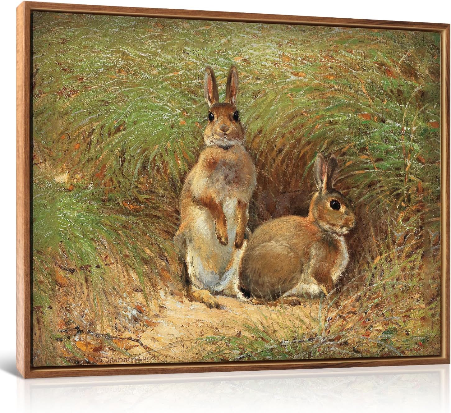 Amazon.com: LHIUEM Vintage Two Bunnies Wall decor Wood Framed Oil ...