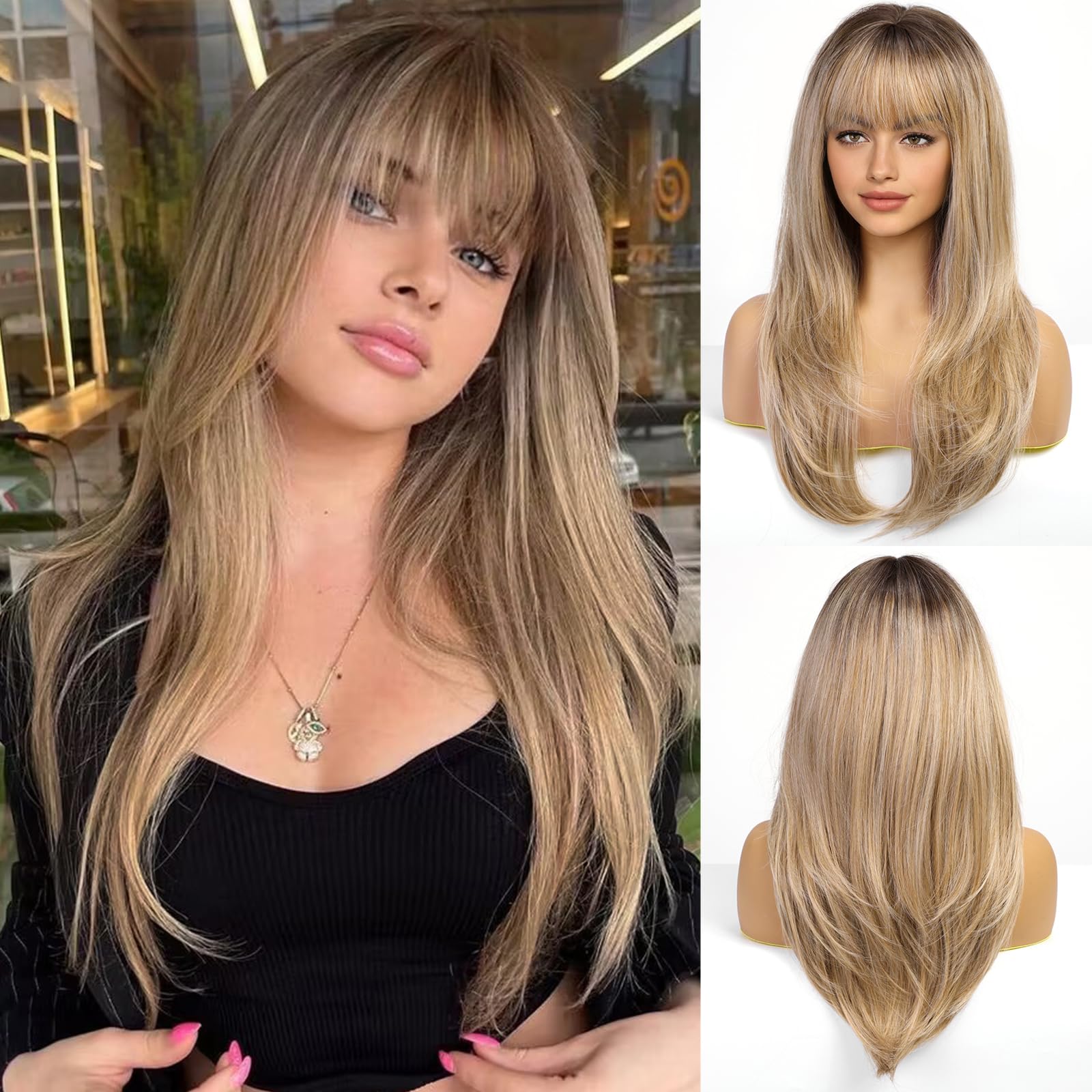 EMMOR Long Ash Blonde Wigs for Women Straight Synthetic Layered Wig ...